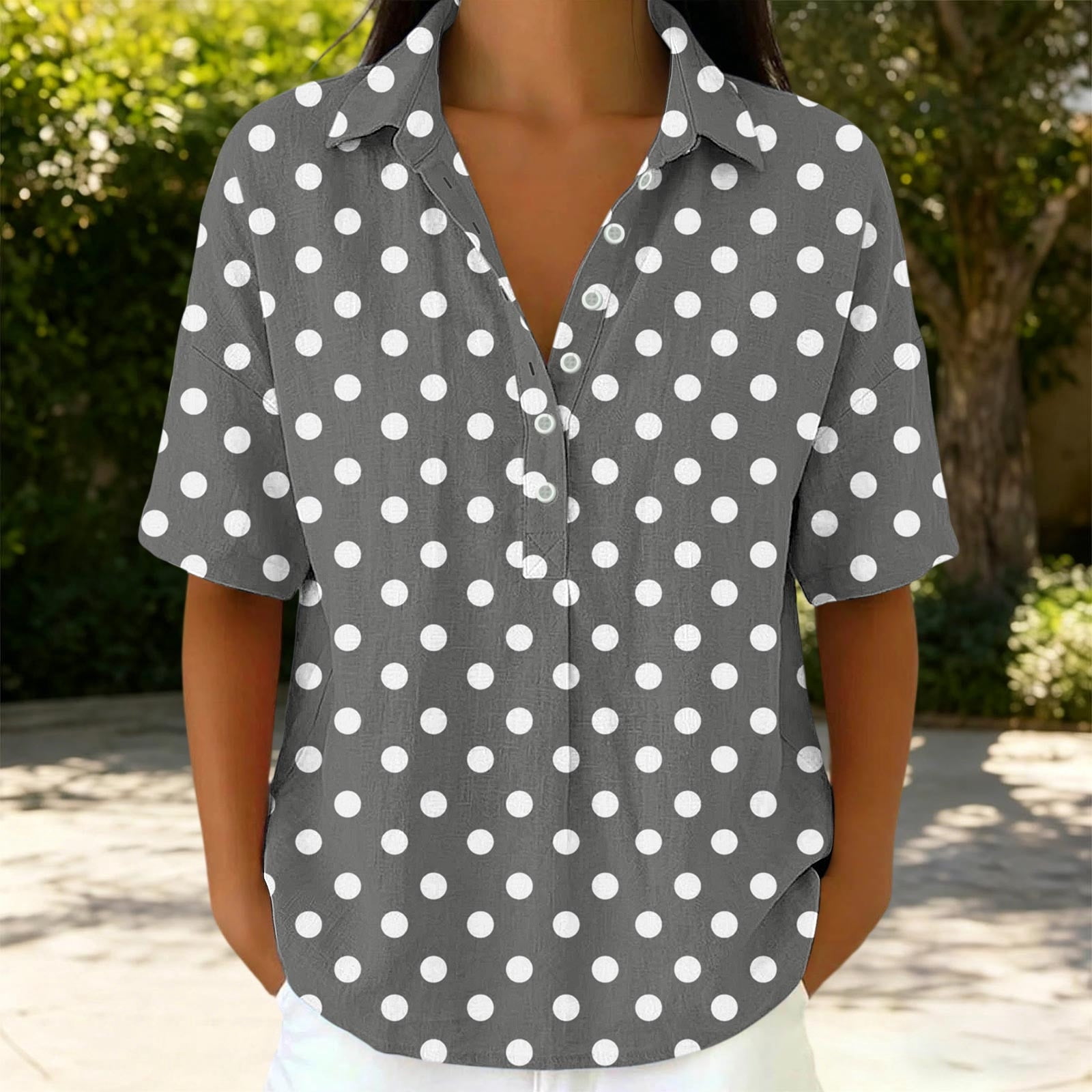 Zivyakyron Going Out Blouse for Women Beach Turn Down Collar Polka Dot ...