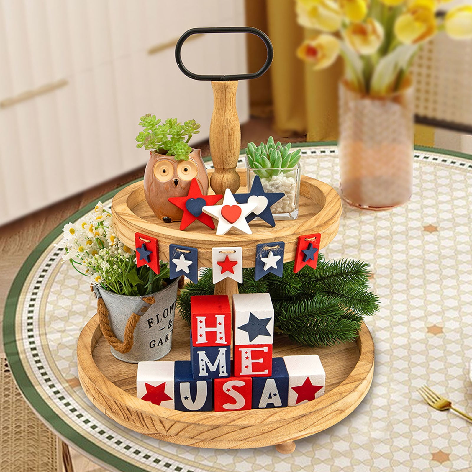 Ziynglg Independence Day Layered Wooden Tray Decor Suit for Celebrating ...