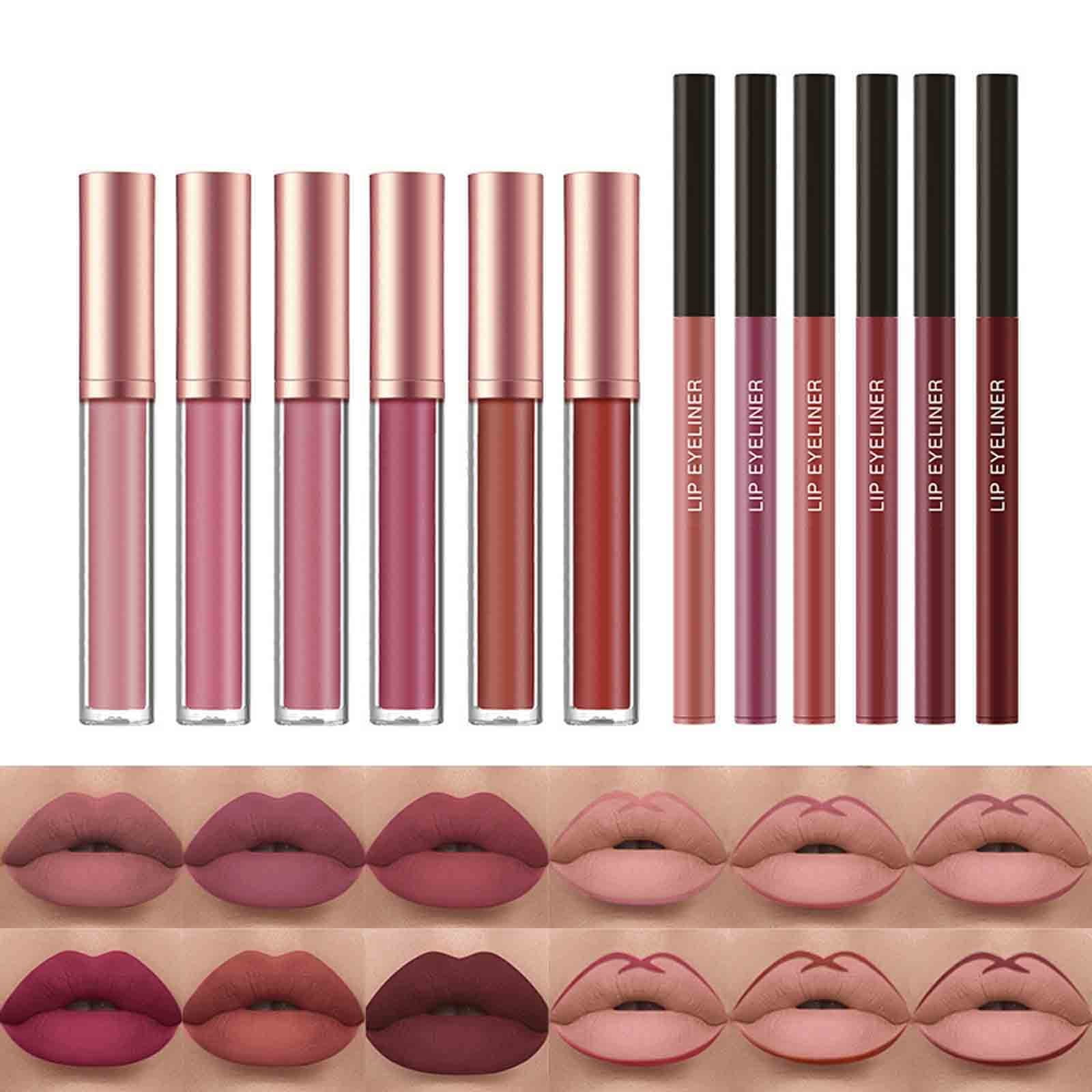 Ziynglg Long Lasting Lip Gloss and Lip Liner Set,12 Piece Matte Velvet Finish with Precision ...