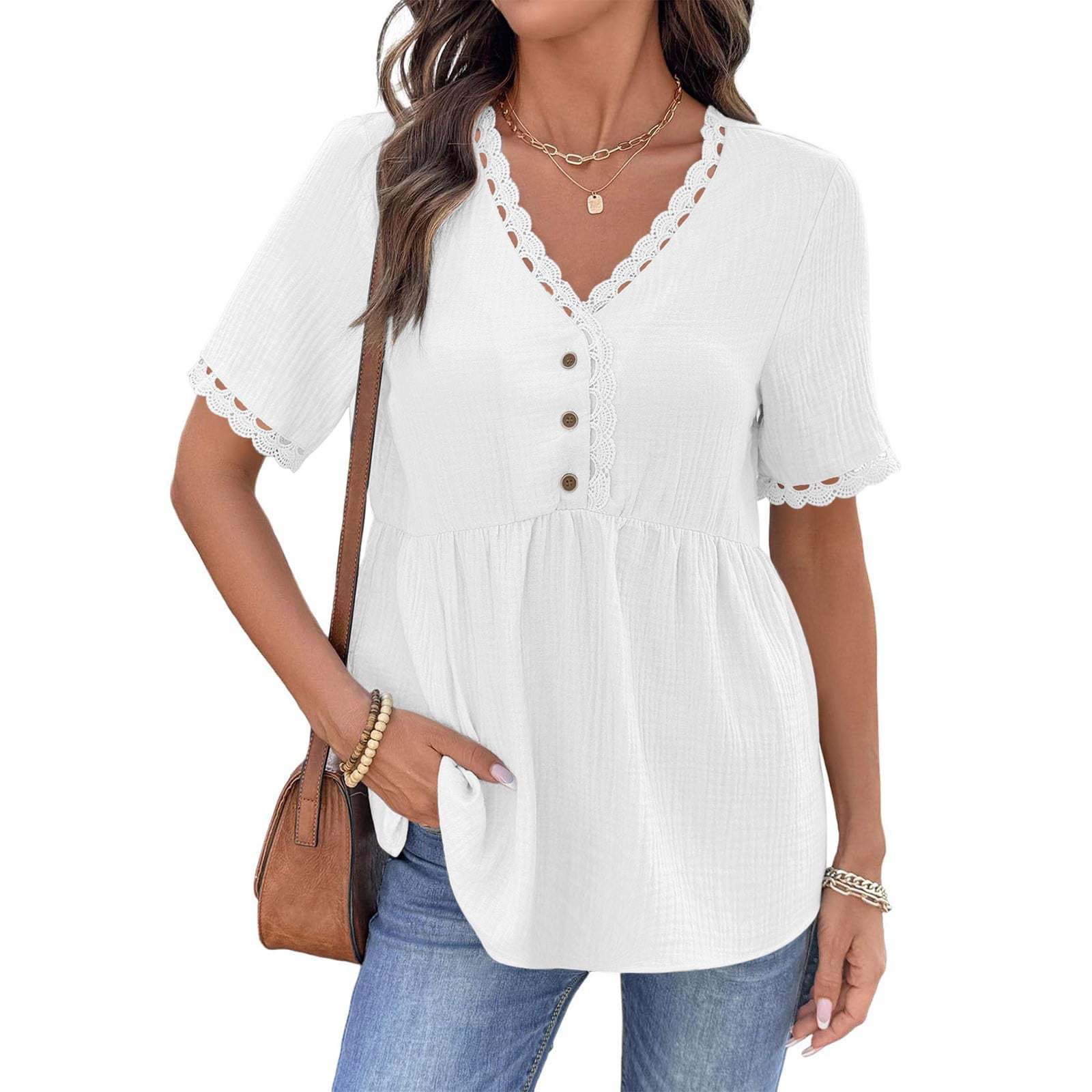 Ziynglg Tops for Women Short Sleeve V Neck Lace Trim Shirts Flowy ...