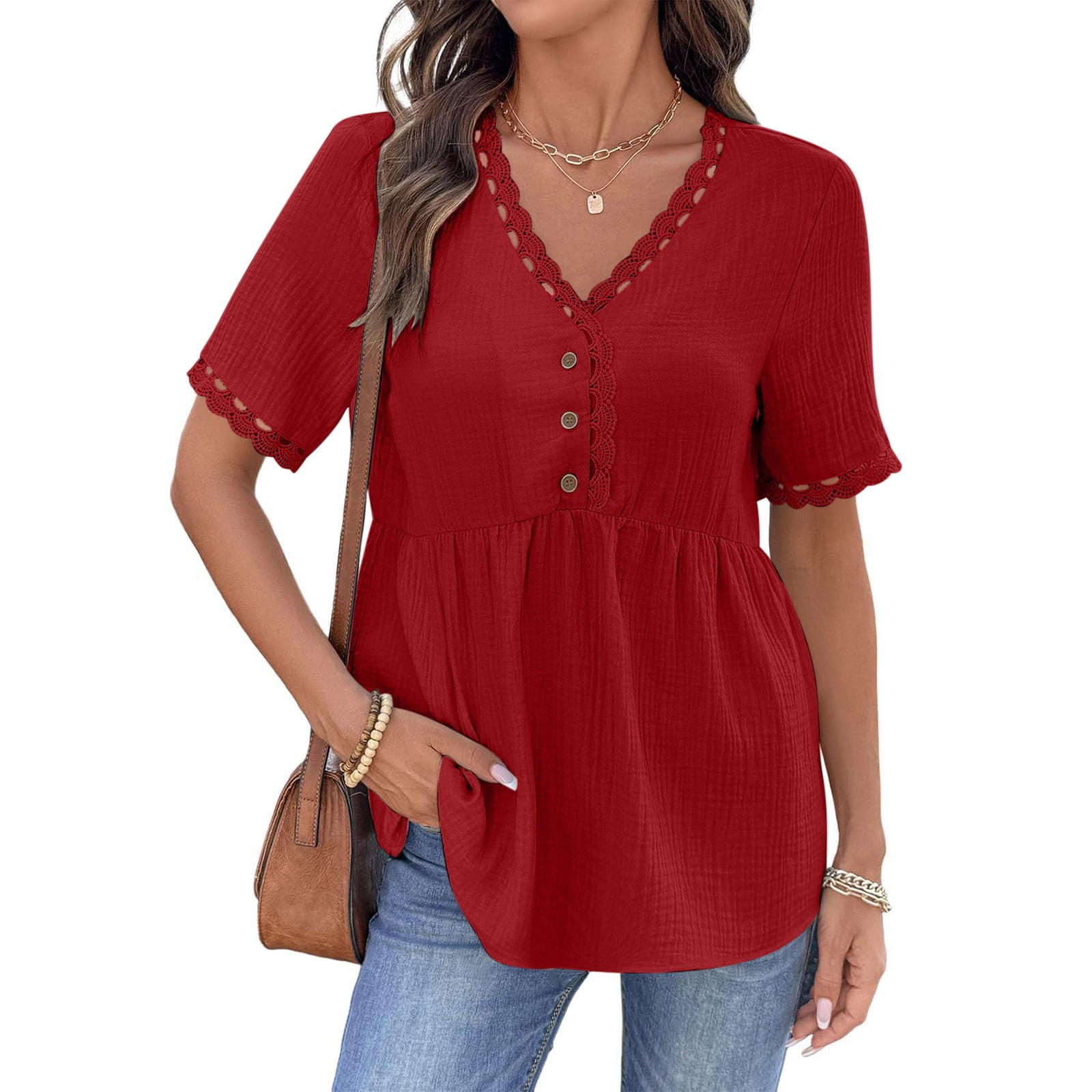 Ziynglg Tops for Women Short Sleeve V Neck Lace Trim Shirts Flowy ...