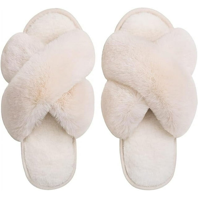 Zizor Women's Open Toe Fluffy Cross Band Slippers Slip on - Walmart.com