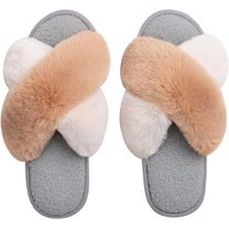 ULTRAIDEAS Women's Cross Band Fuzzy Fluffy House Shoes, Open Toe Slide ...