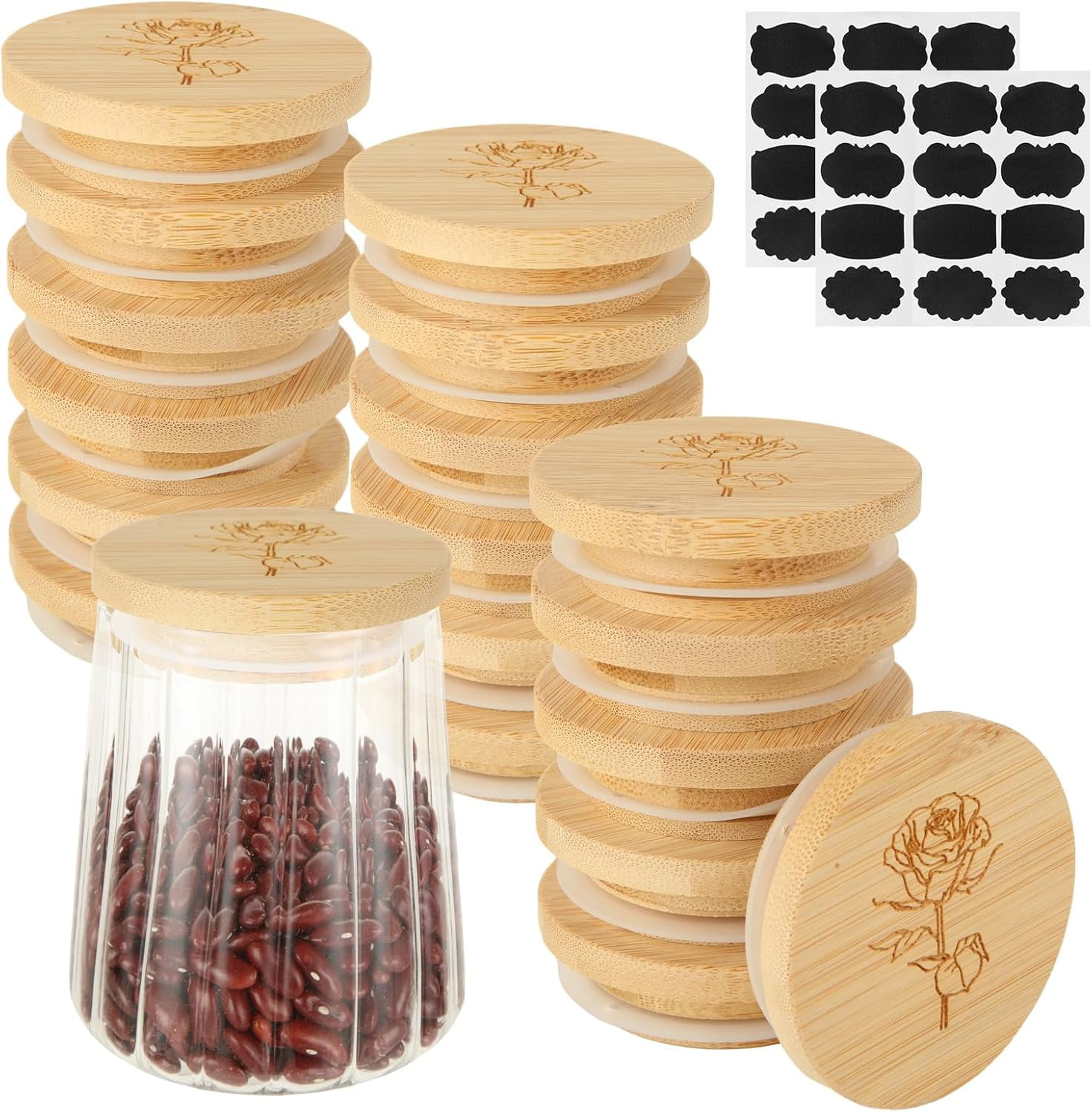 Zkca 18 Pack Bamboo Oui Yogurt Jar Lids, Wood Oui Lids with Silicone Sealing Rings and Label ...