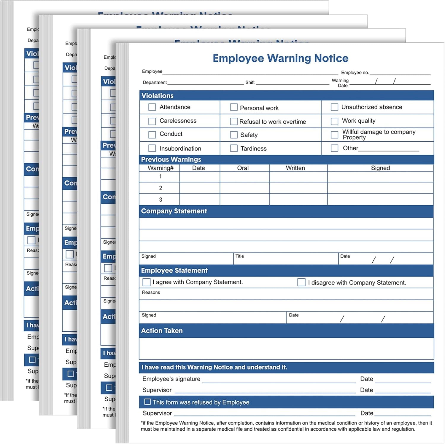 Zkca 200 Sheets Employee Warning Notice Form Performance Appraisal Form ...