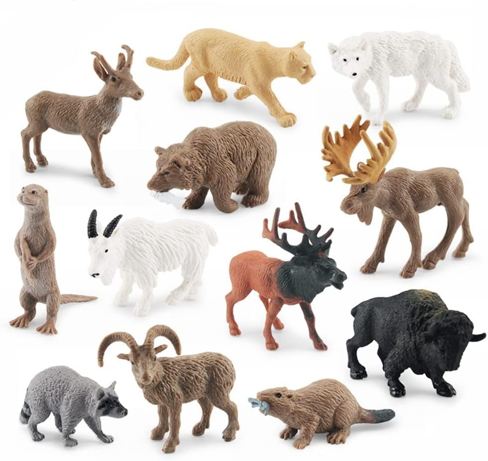 Zkca North American Animals Set 12PCS Mini Wild Animals Figurines Set cludes Moose Raccoon ...
