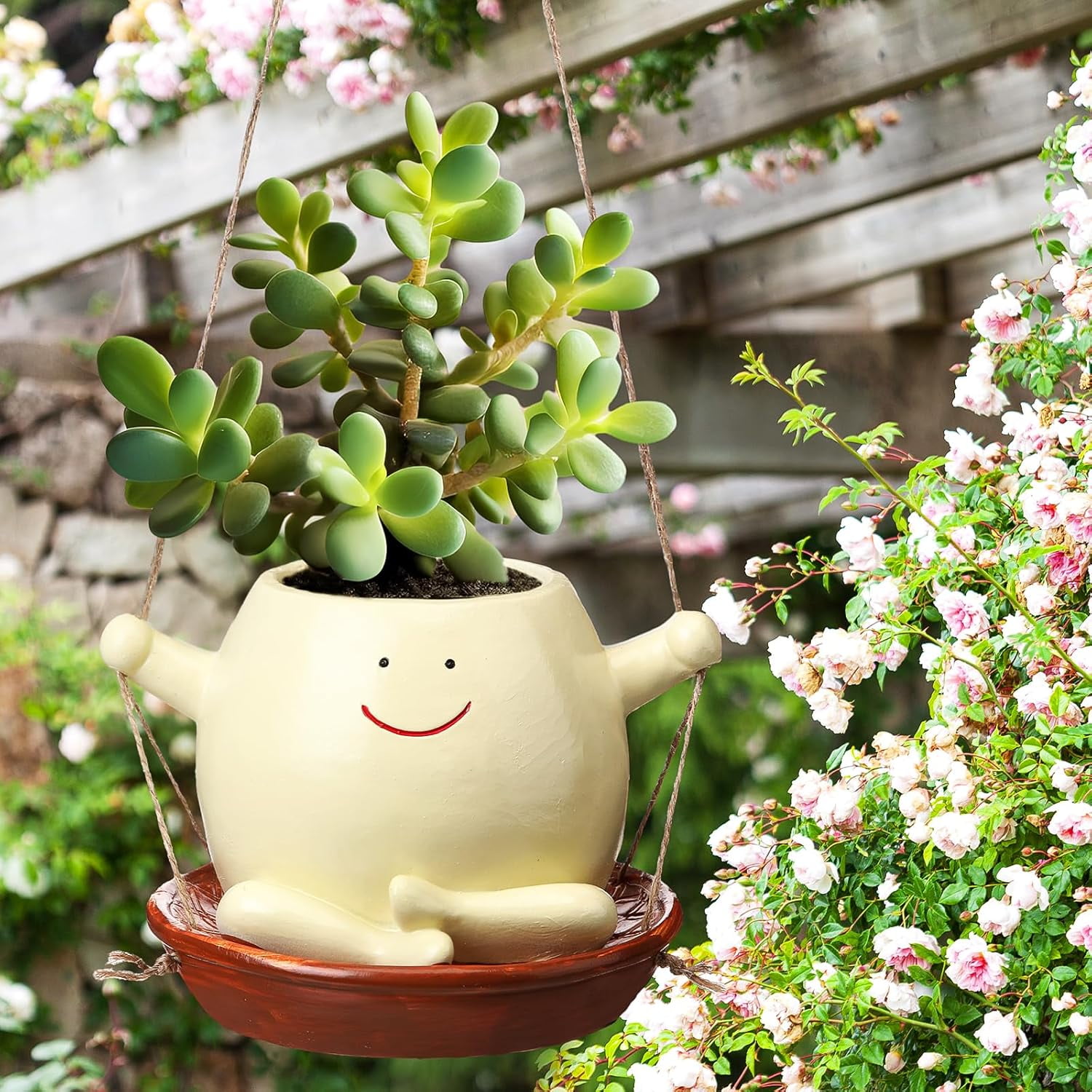 Zkca Plus Size 7 Inch Hanging Planter Swing Smile Face Head Planter Pot for Indoor Outdoor ...