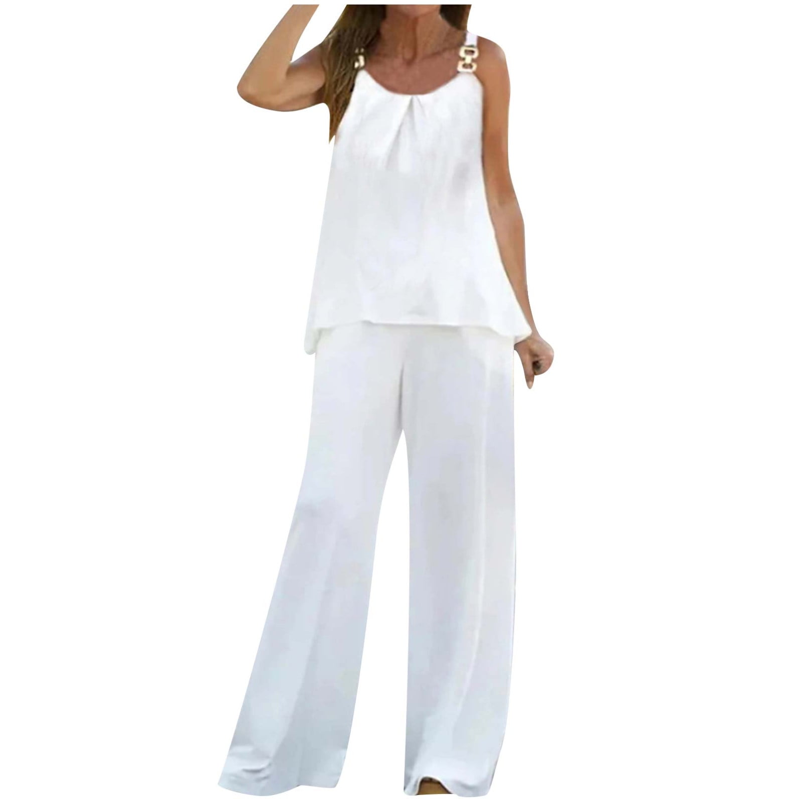 Zkozptok Women 2 Piece Outfits Trendy Straps Pleat Dressy Sleeveless ...