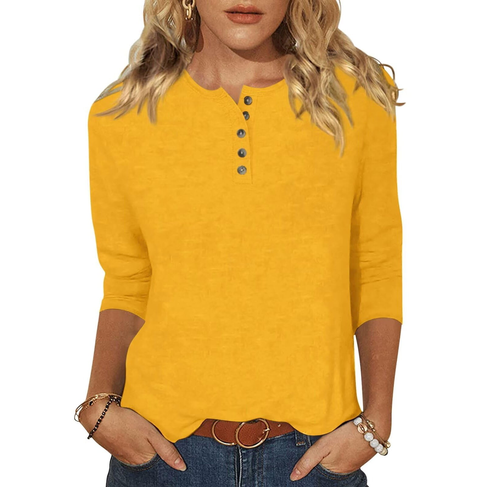 Zkozptok Women's 3/4 Sleeve Crew Neck T Shirts 2024 Solid Color Buttons ...