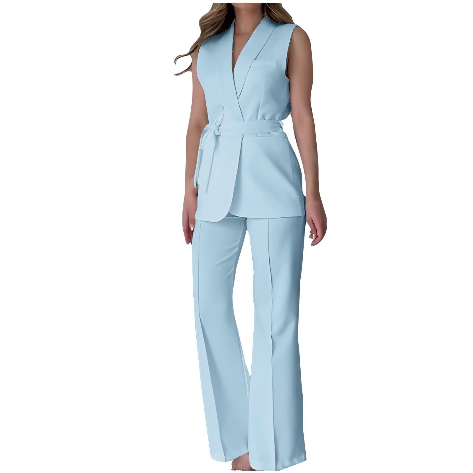 Zkozptok Women's Business 2 Piece Suit Sleeveless Vest Belted Blazer ...