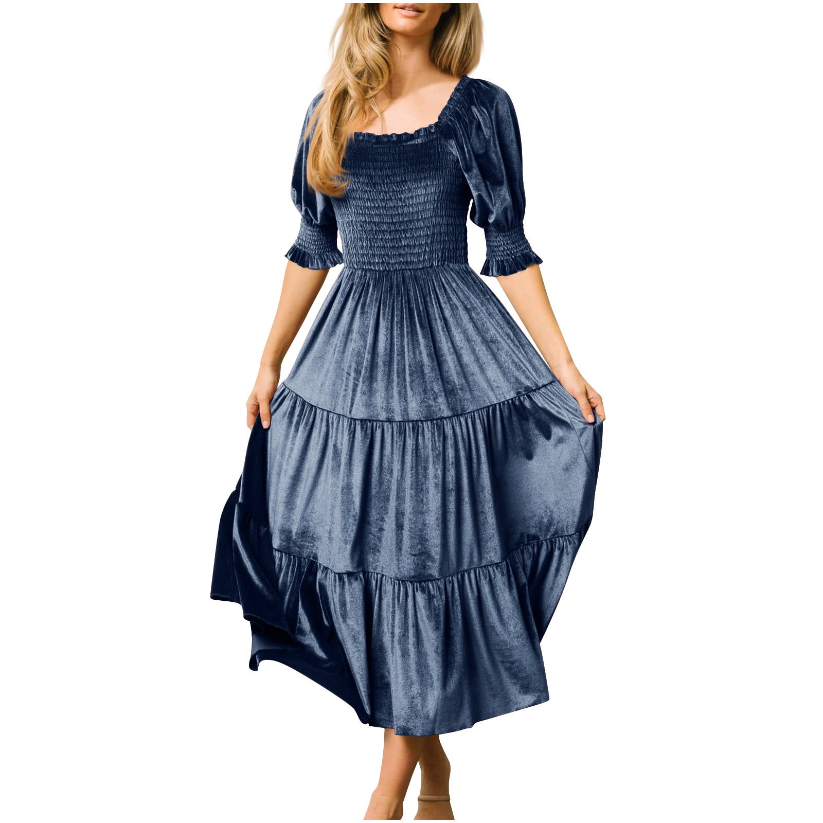 Zkozptok Women's Fall Winter Velvet Dress Square Neck Ruffle Sleeve ...