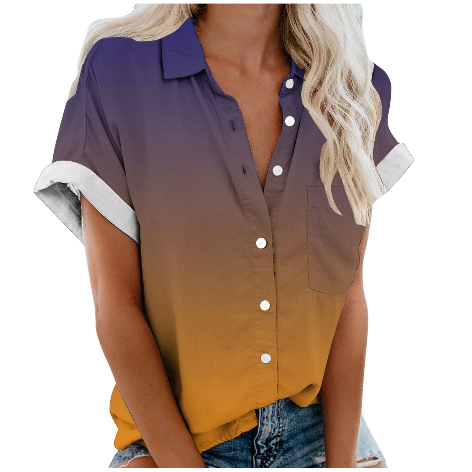 Zkozptok Women's Gradient Color Shirts Button Down Turndown Crew Rolled ...