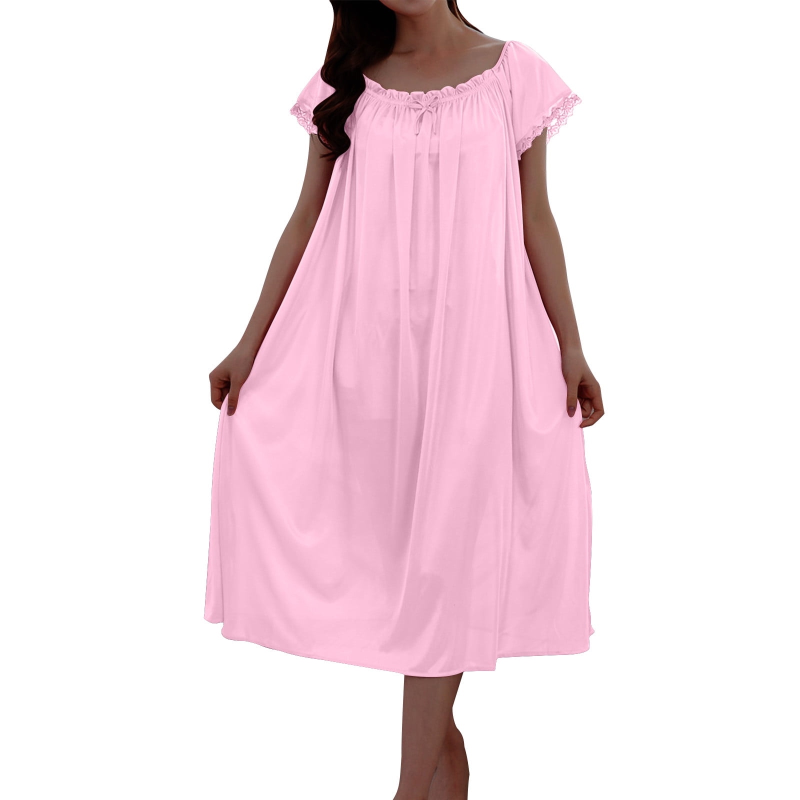 Zkozptok Women's Knee Length Nightgown Lace Trim Short Sleeve Square ...