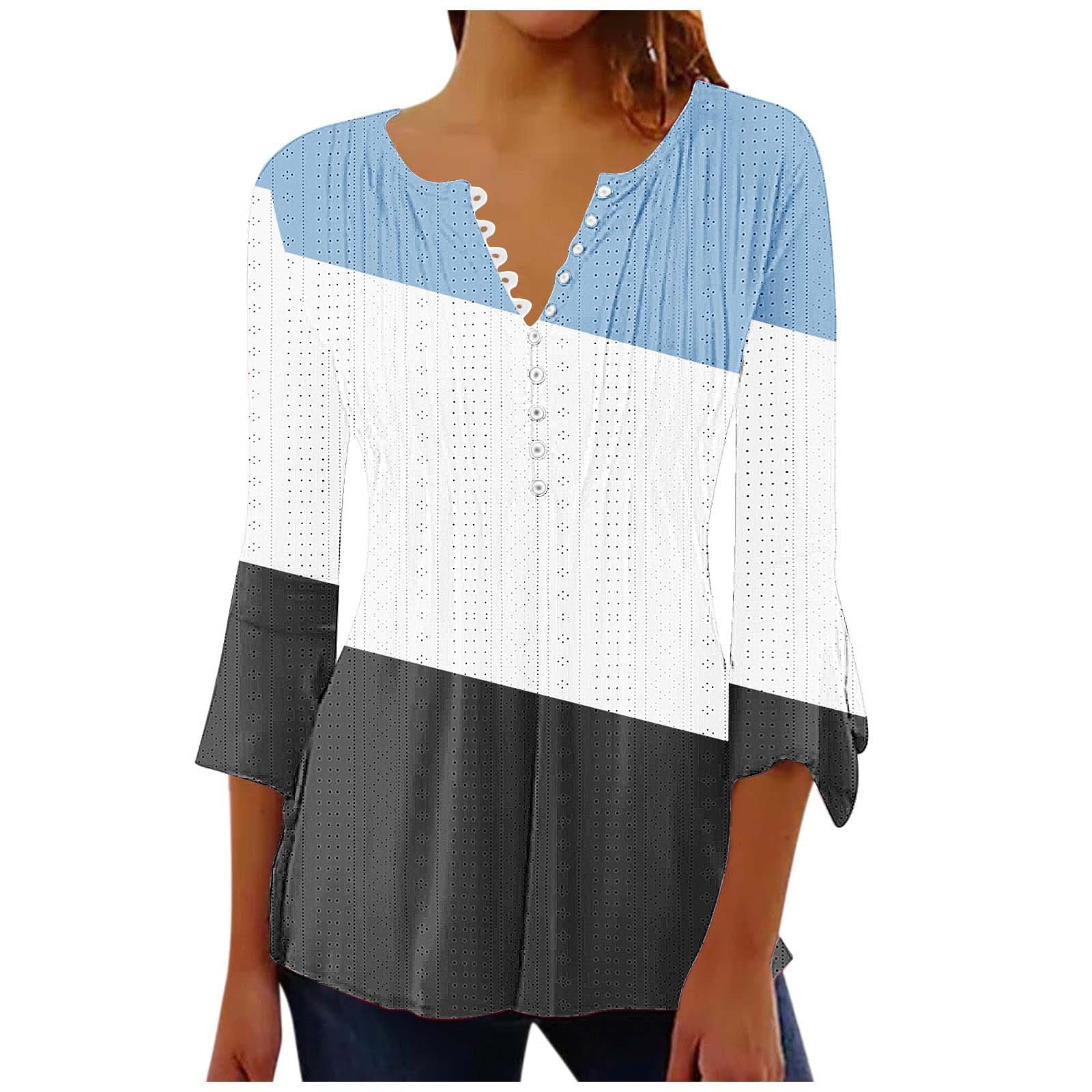 Zkozptok Womens Color Block Peplum Tops 3/4 Length Flared Sleeve V Neck ...