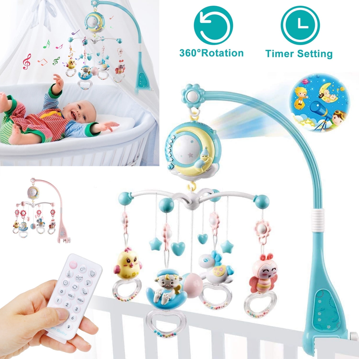 Zmoon Baby Crib Mobile, Rotating Music/Lights, Remote Control Star ...