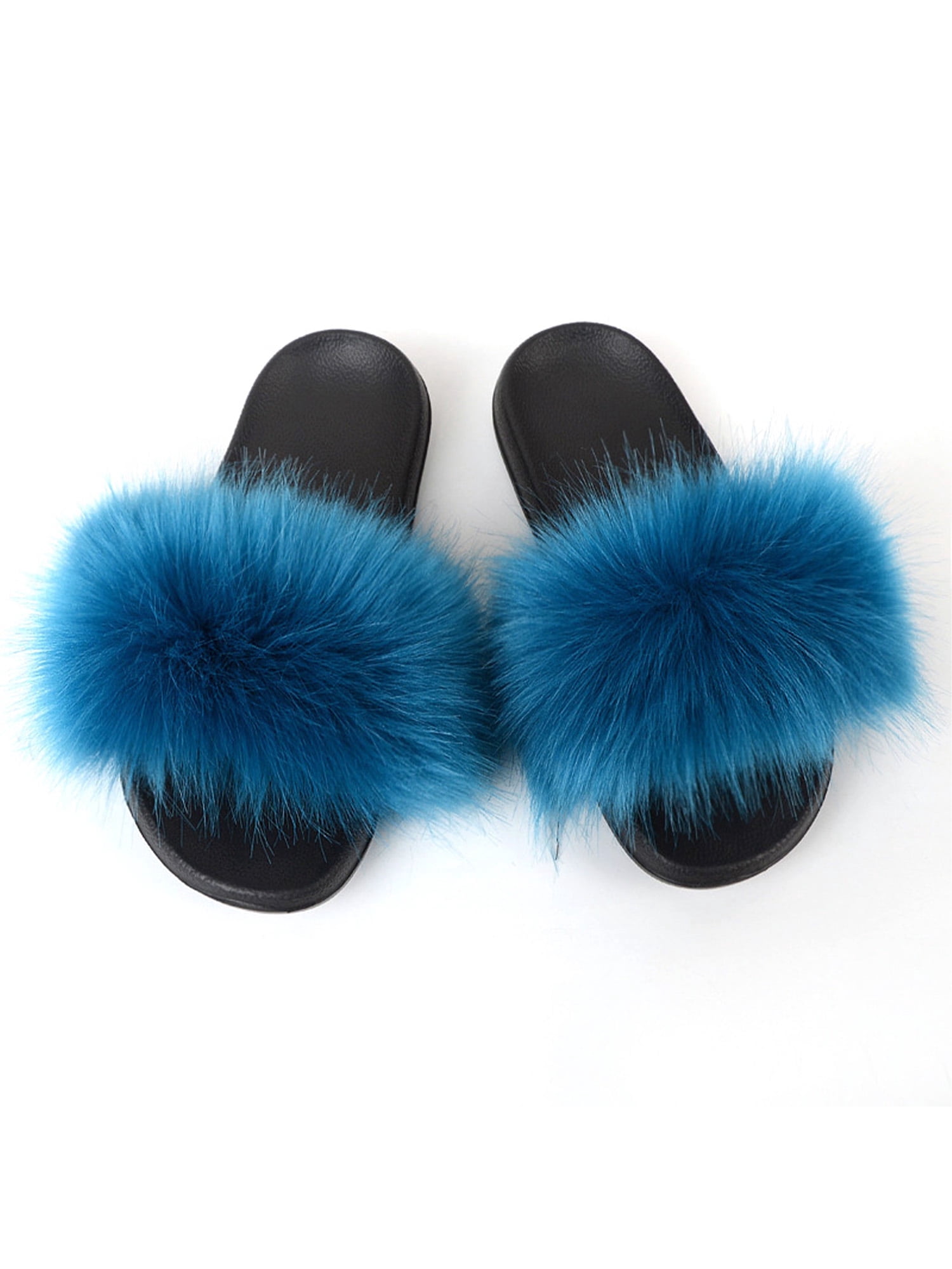 Zodanni Women Fuzzy Slippers Color Block Fluffy Slides Furry Slipper ...
