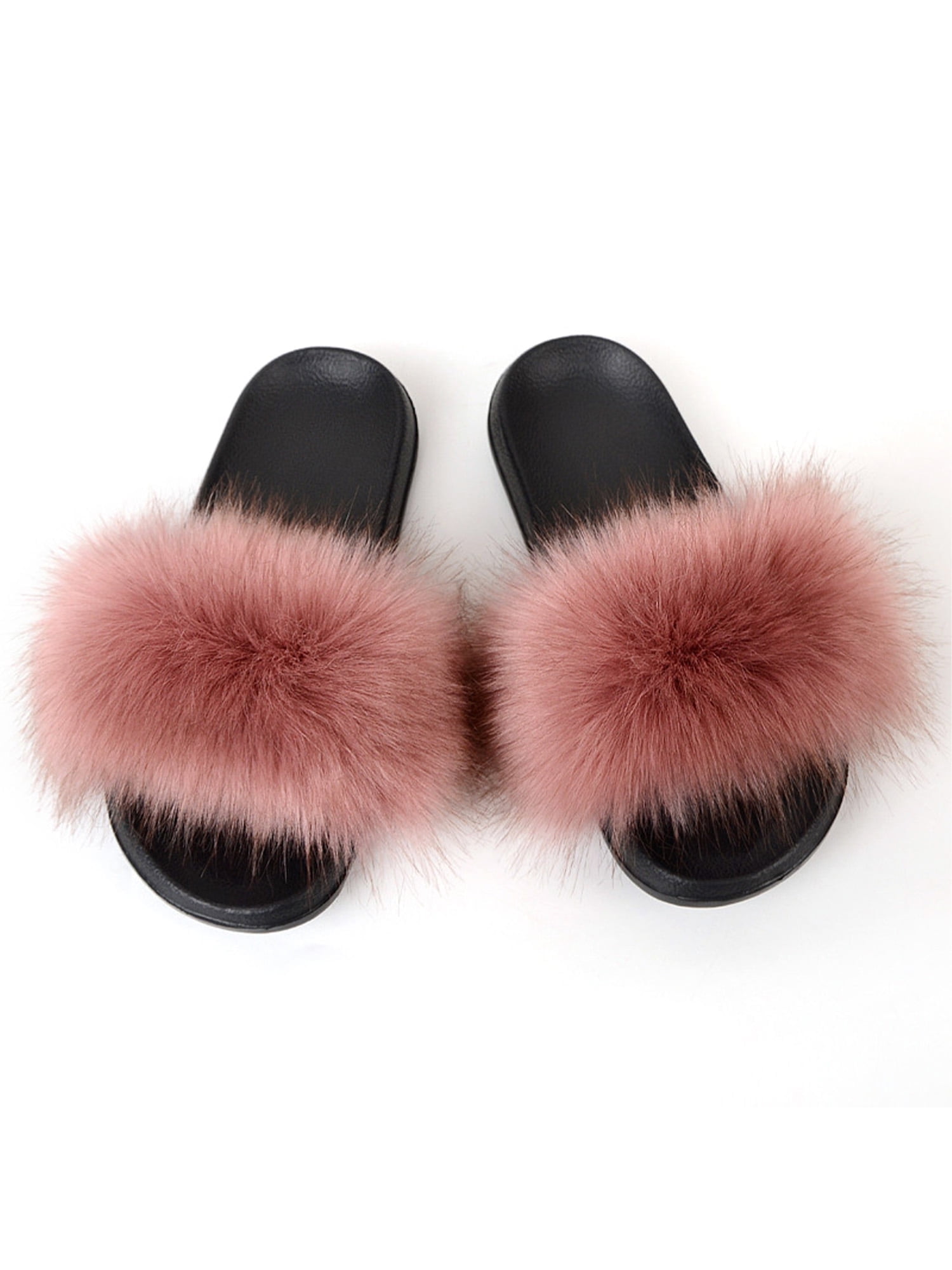 Zodanni Women Fuzzy Slippers Color Block Fluffy Slides Furry Slipper ...