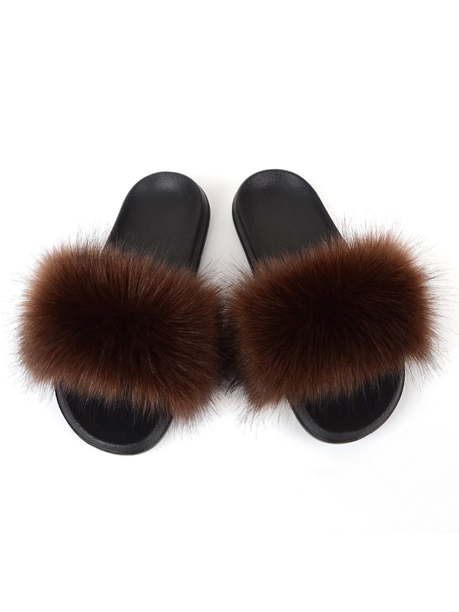 Zodanni Women Fuzzy Slippers Color Block Fluffy Slides Furry Slipper ...