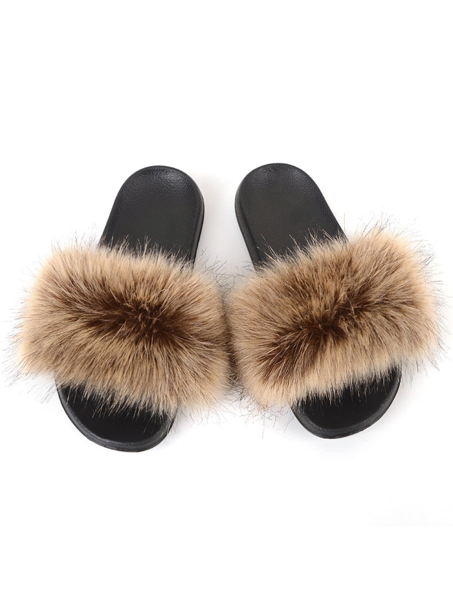 Zodanni Women Fuzzy Slippers Color Block Fluffy Slides Furry Slipper ...