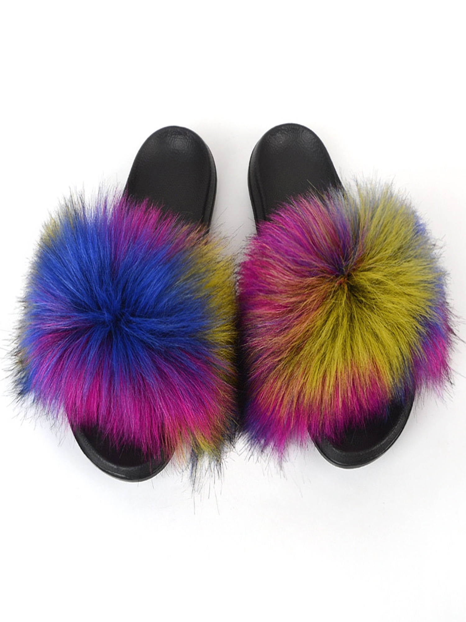 Zodanni Women Fuzzy Slippers Color Block Fluffy Slides Furry Slipper ...