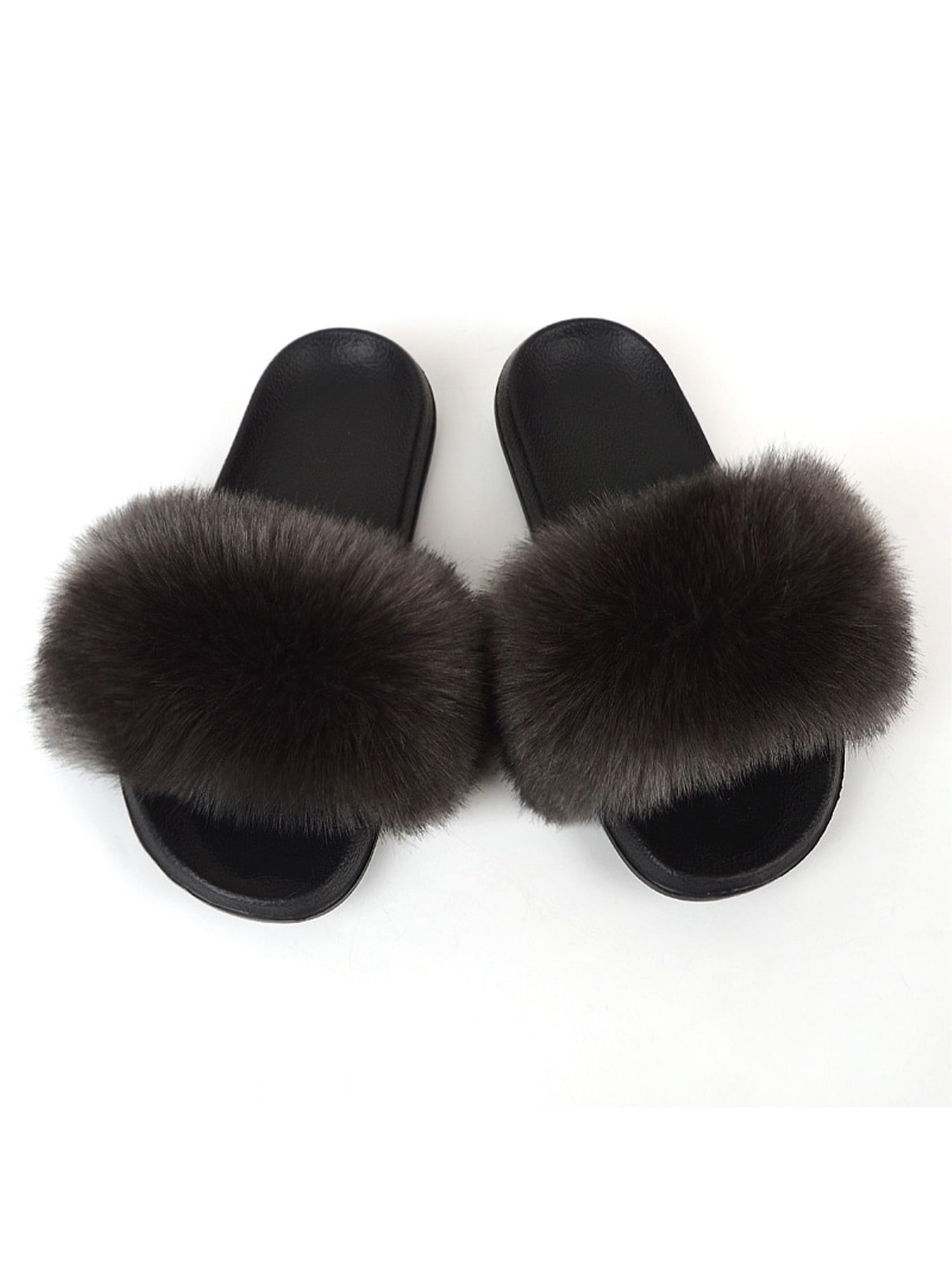 Zodanni Women Fuzzy Slippers Color Block Fluffy Slides Furry Slipper ...