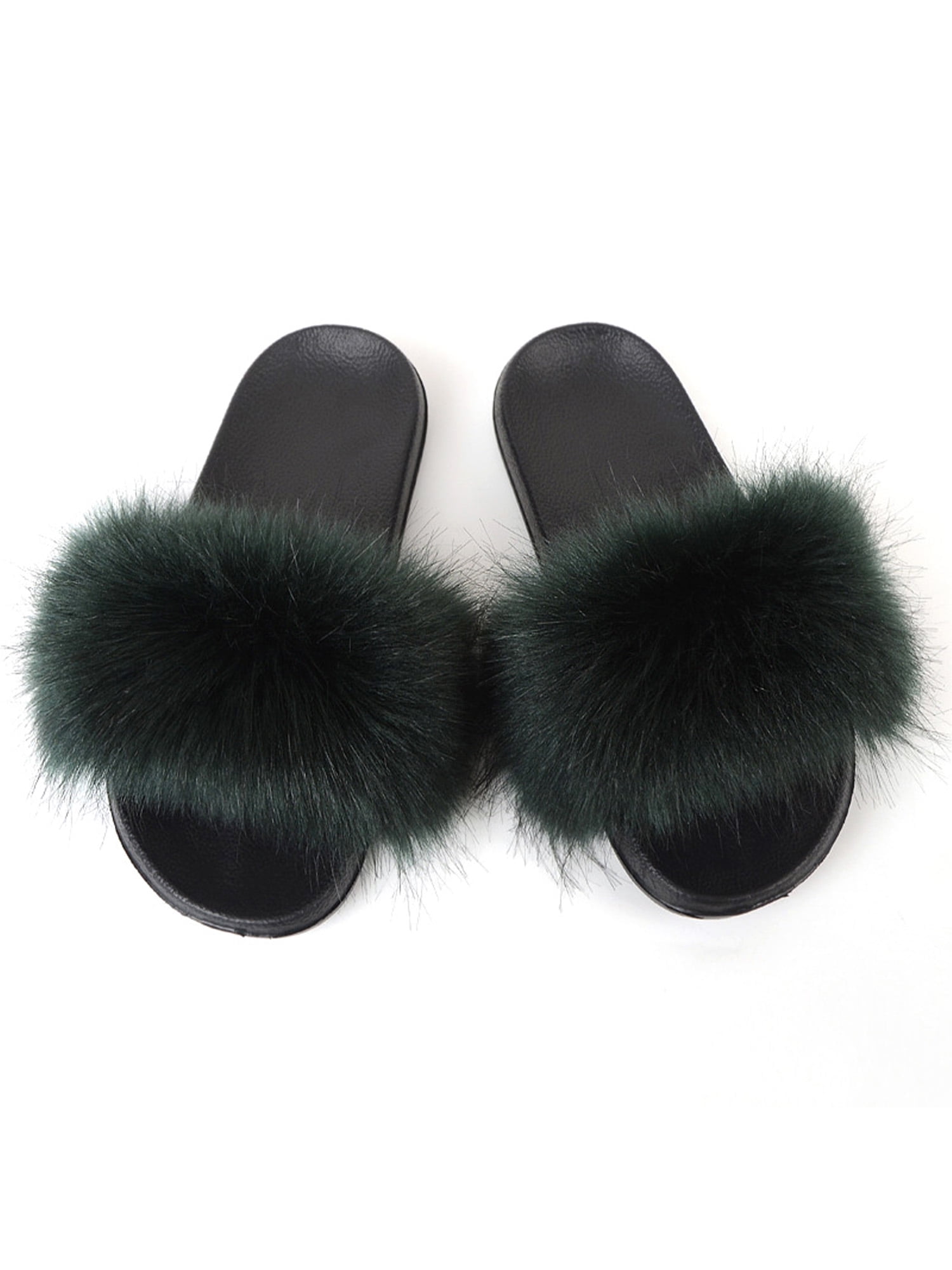 Zodanni Women Fuzzy Slippers Color Block Fluffy Slides Furry Slipper ...