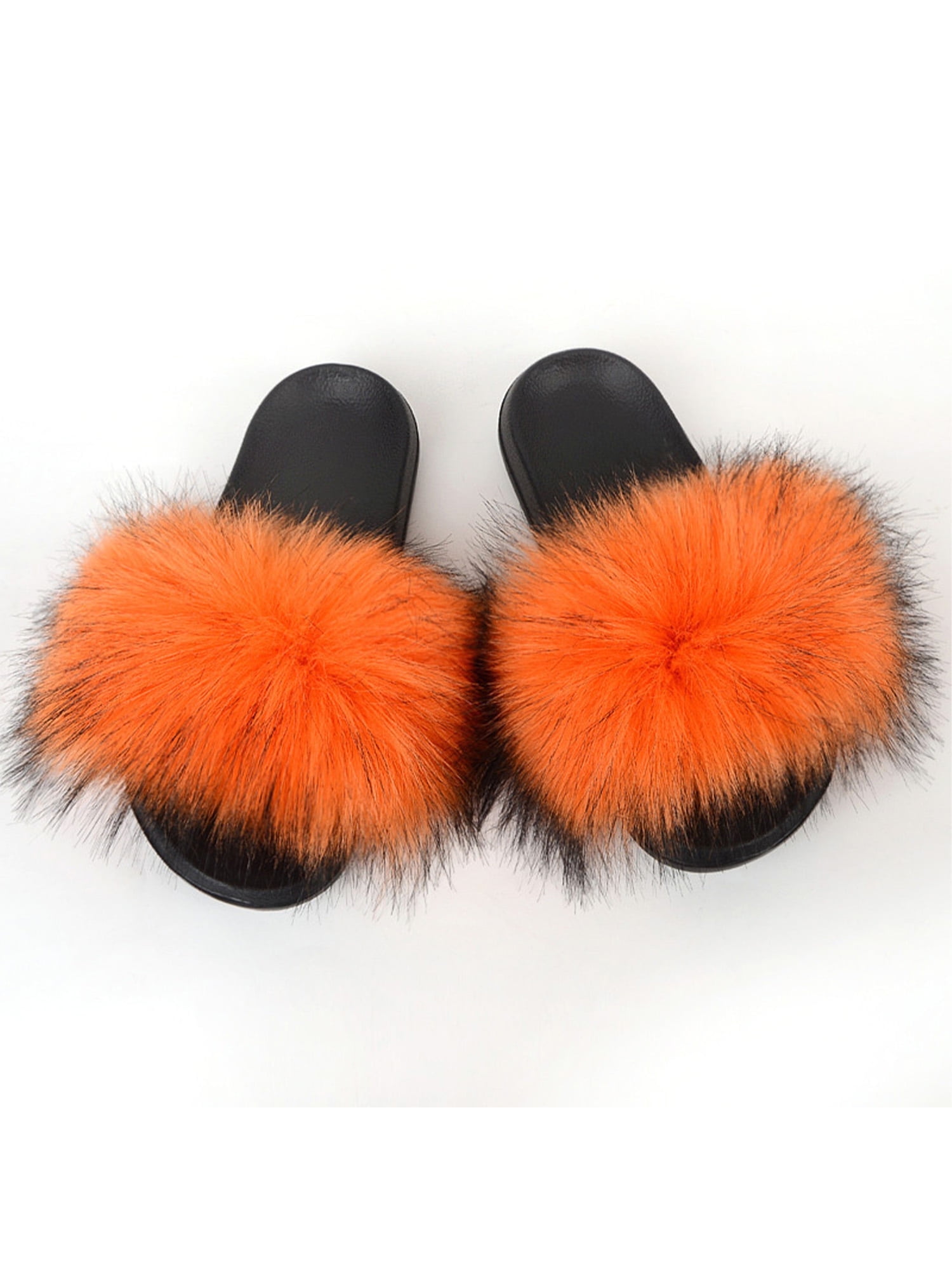 Zodanni Women Fuzzy Slippers Color Block Fluffy Slides Furry Slipper ...