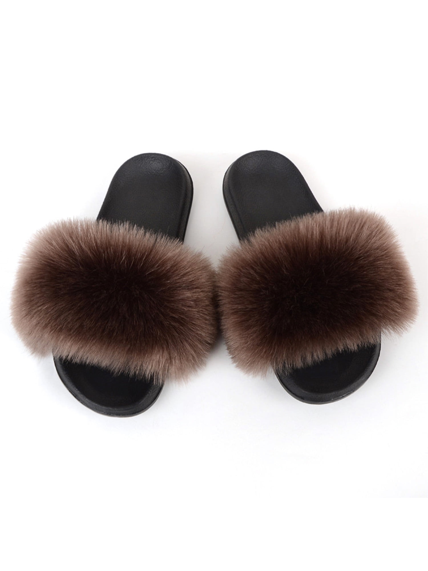 Zodanni Women Fuzzy Slippers Color Block Fluffy Slides Furry Slipper ...
