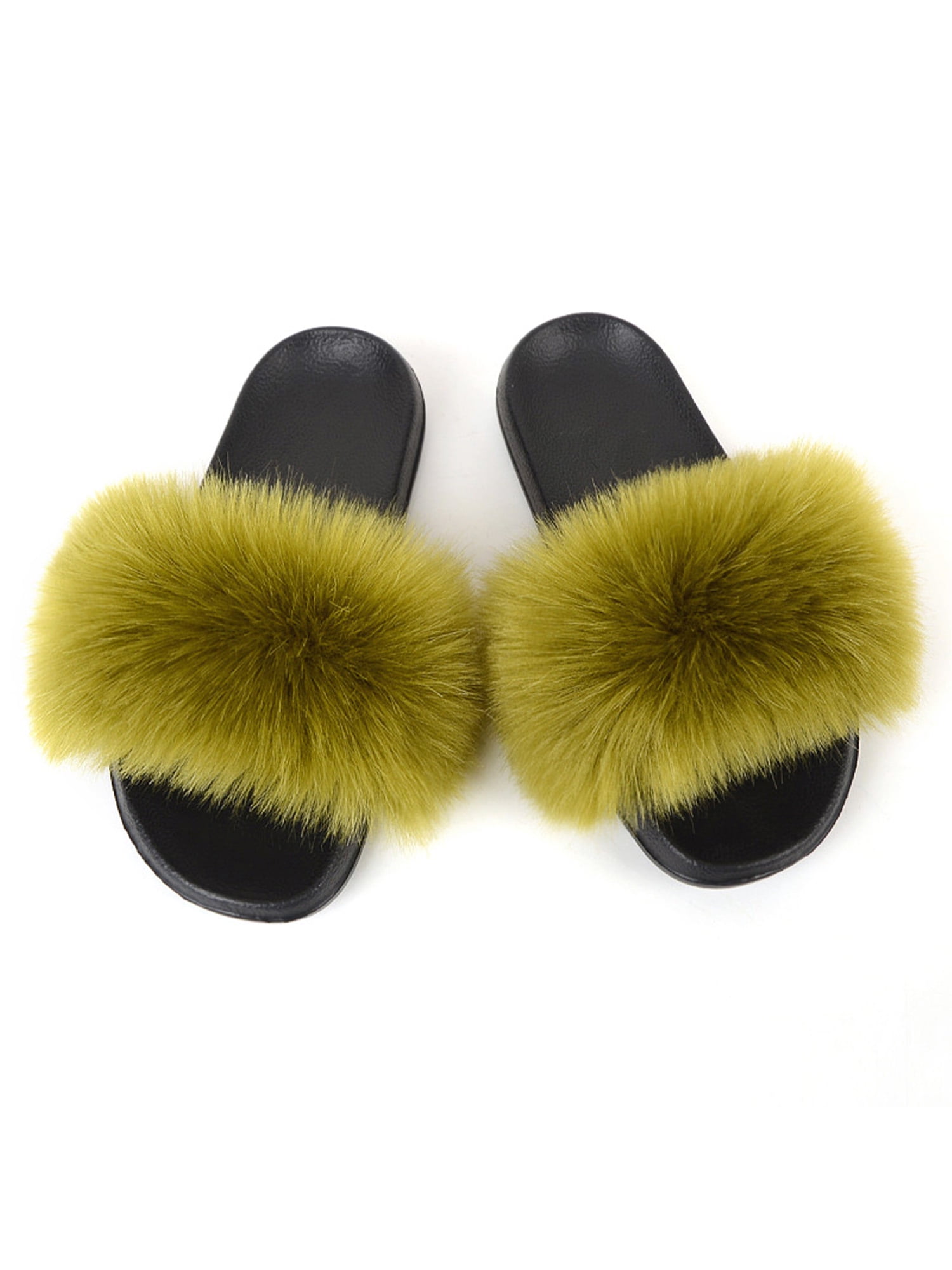 Zodanni Women Fuzzy Slippers Color Block Fluffy Slides Furry Slipper ...