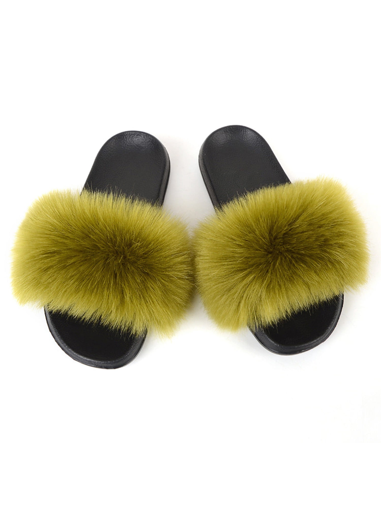 Zodanni Women Fuzzy Slippers Color Block Fluffy Slides Furry Slipper ...