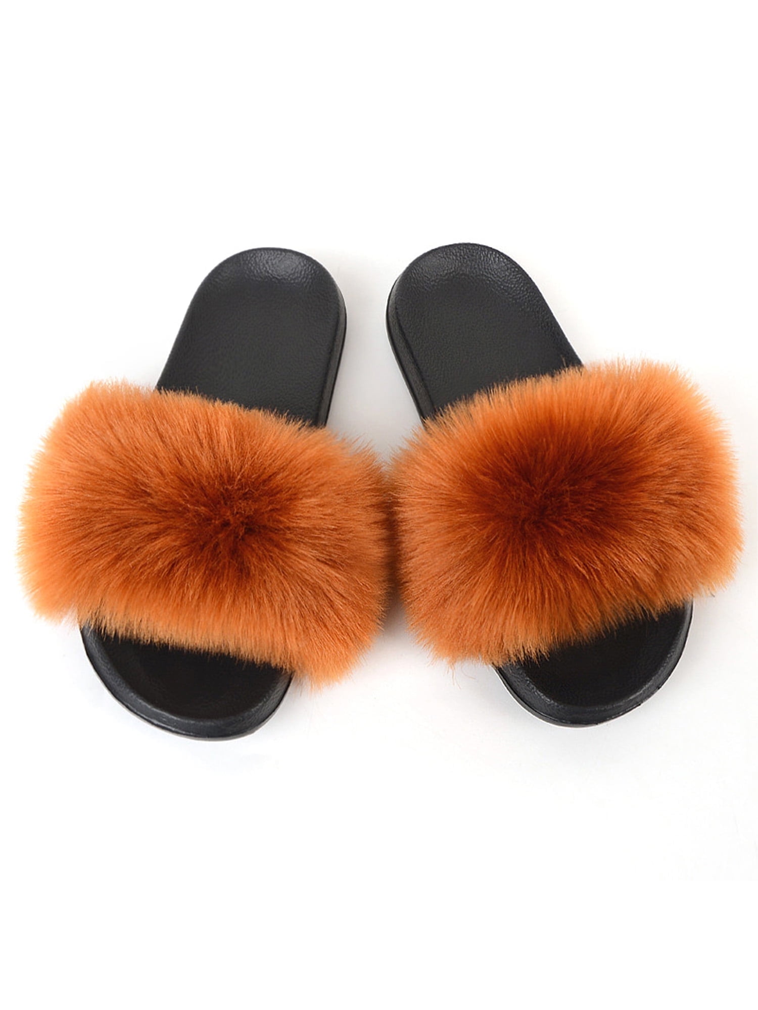 Zodanni Women Fuzzy Slippers Color Block Fluffy Slides Furry Slipper ...