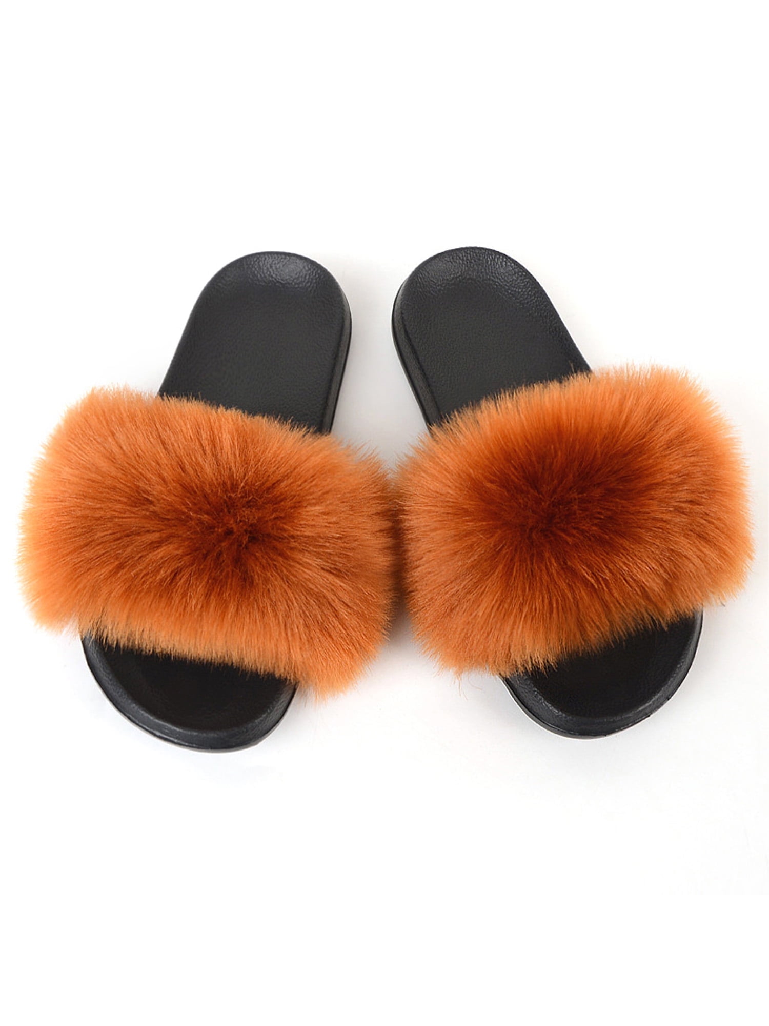 Zodanni Women Fuzzy Slippers Color Block Fluffy Slides Furry Slipper ...