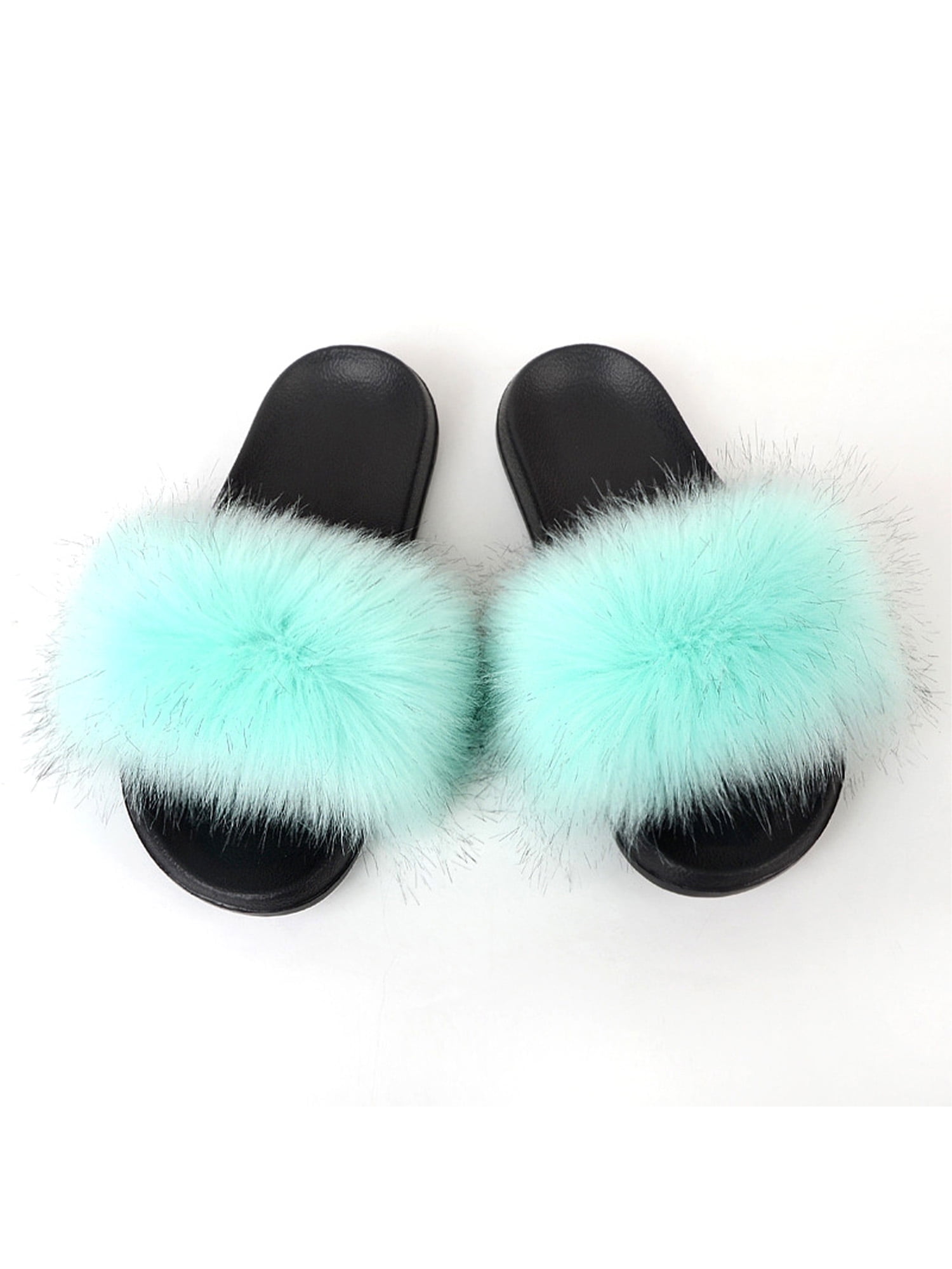 Zodanni Women Fuzzy Slippers Color Block Fluffy Slides Furry Slipper ...