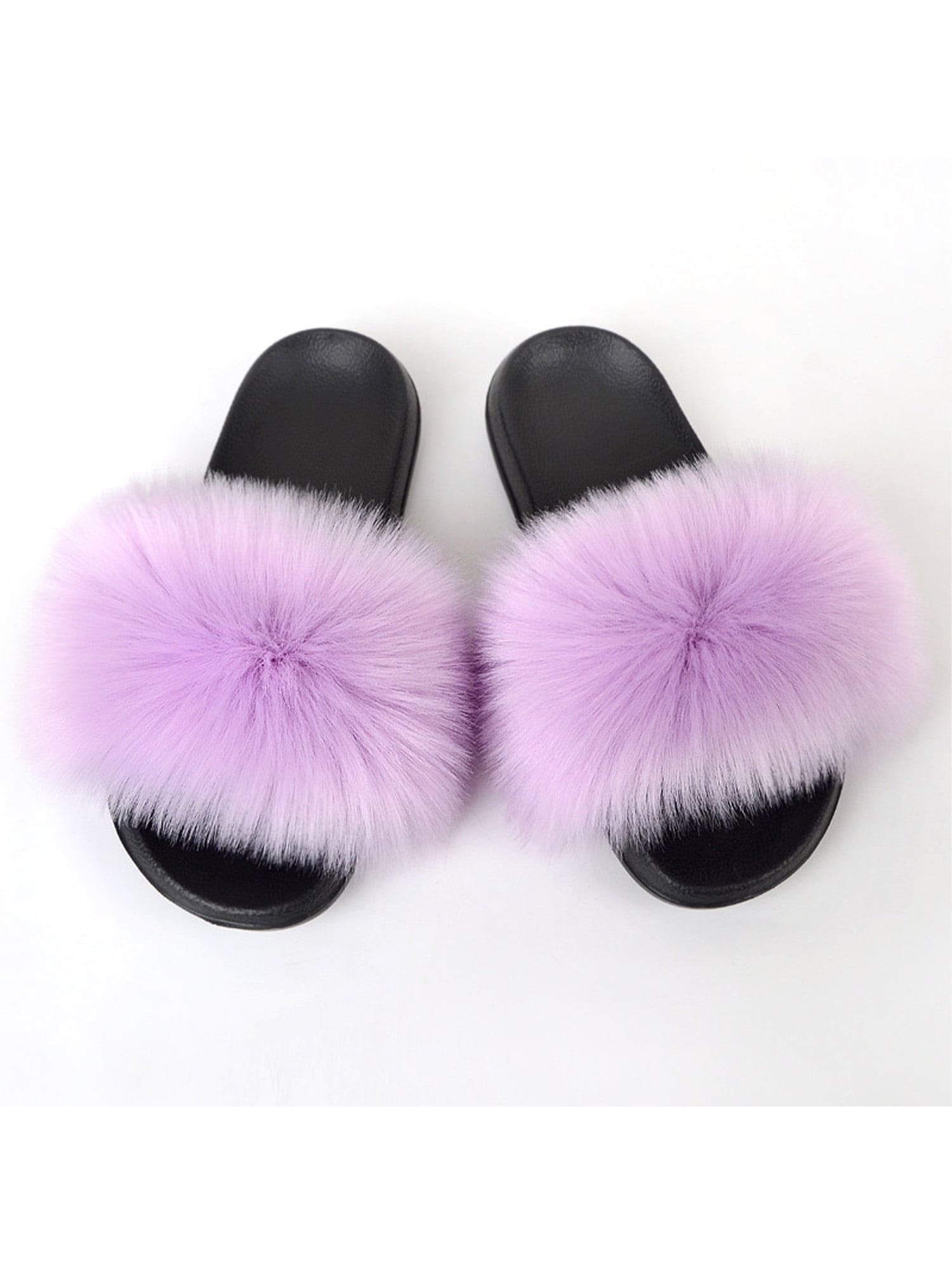 Zodanni Women Fuzzy Slippers Color Block Fluffy Slides Furry Slipper ...