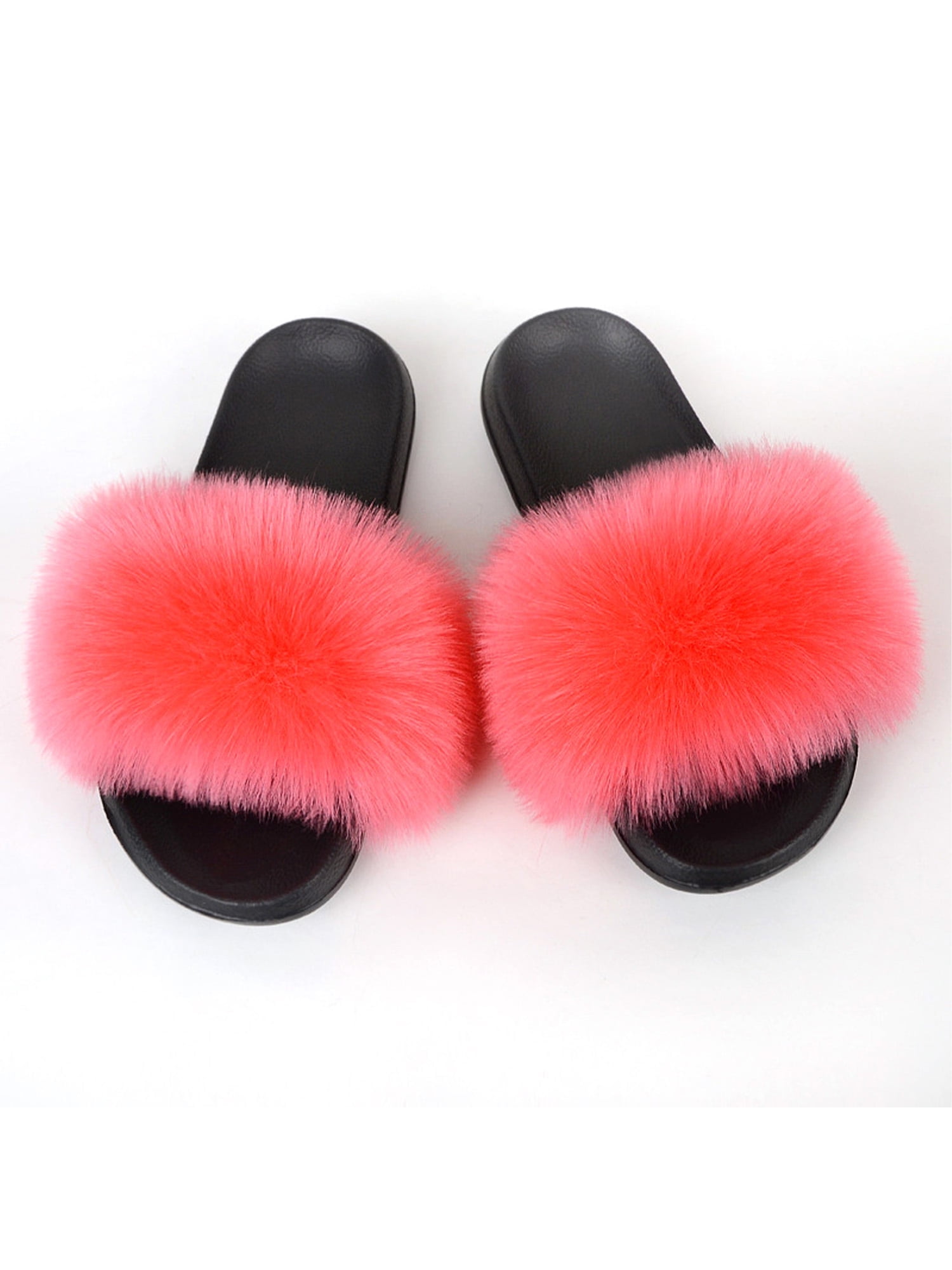Zodanni Women Fuzzy Slippers Color Block Fluffy Slides Furry Slipper ...