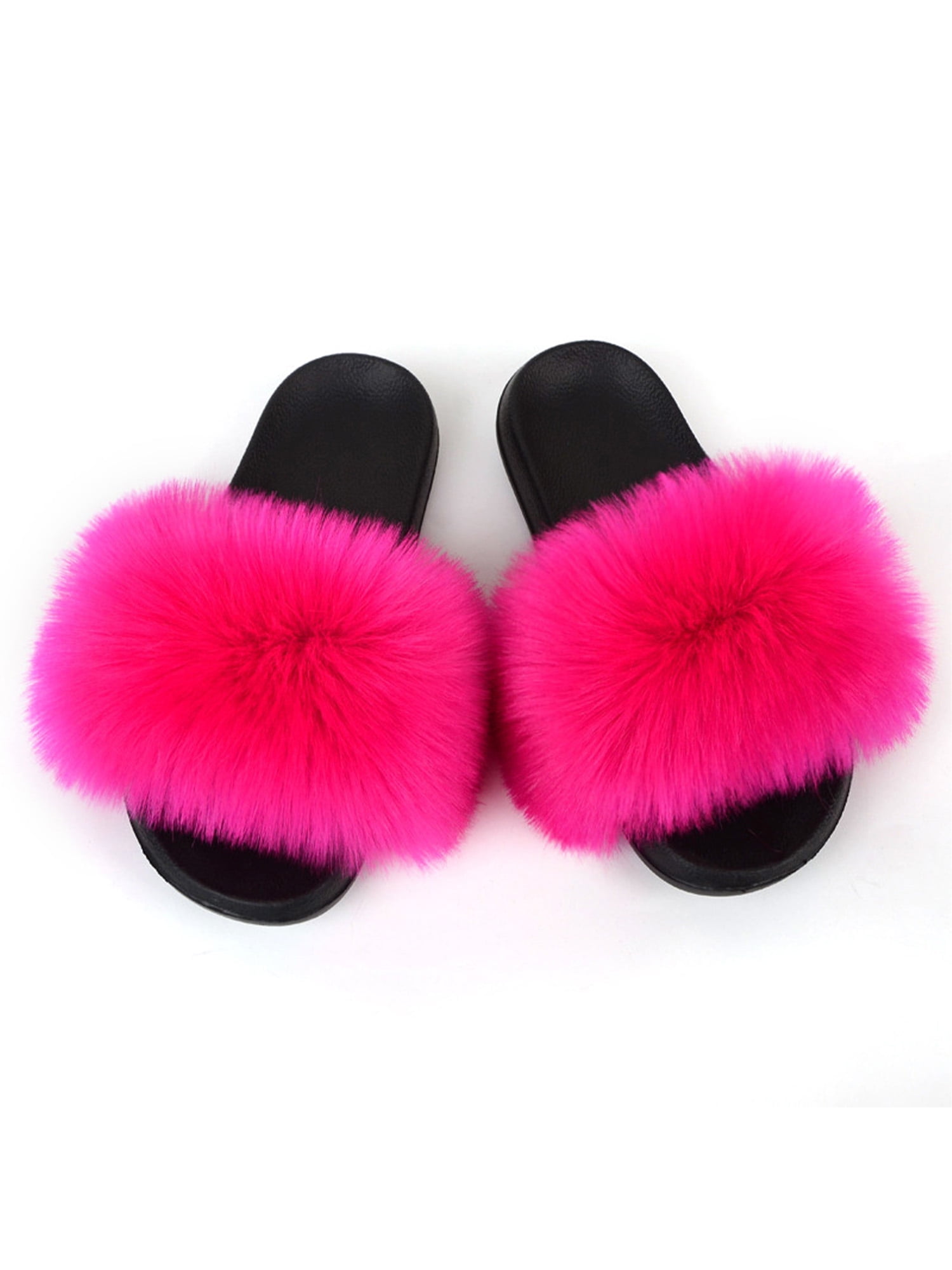Zodanni Women Fuzzy Slippers Color Block Fluffy Slides Furry Slipper ...