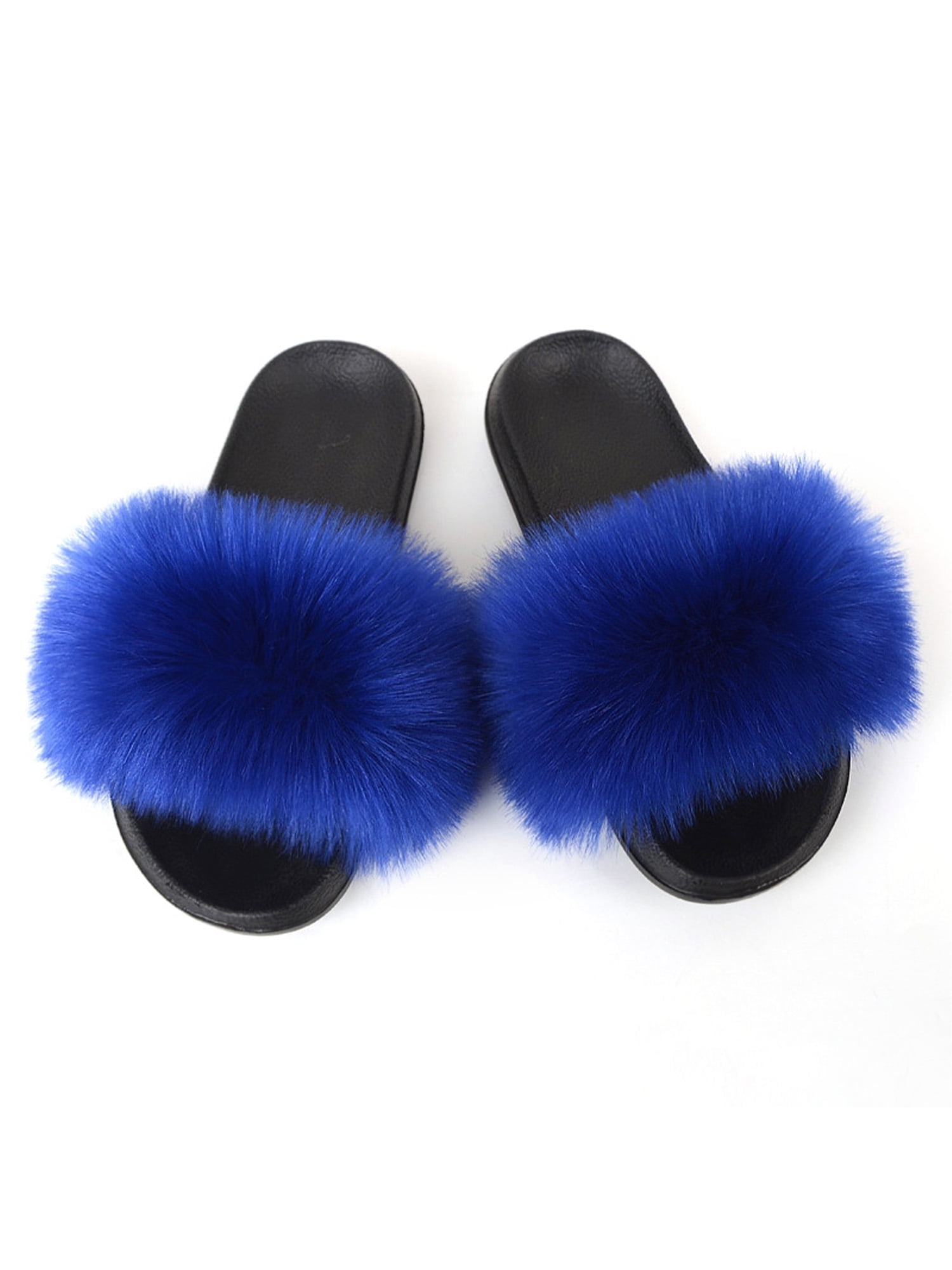 Zodanni Women Fuzzy Slippers Color Block Fluffy Slides Furry Slipper ...