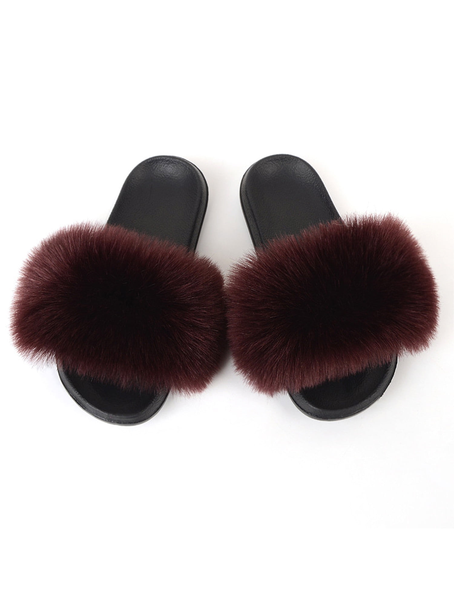 Zodanni Women Fuzzy Slippers Color Block Fluffy Slides Furry Slipper ...