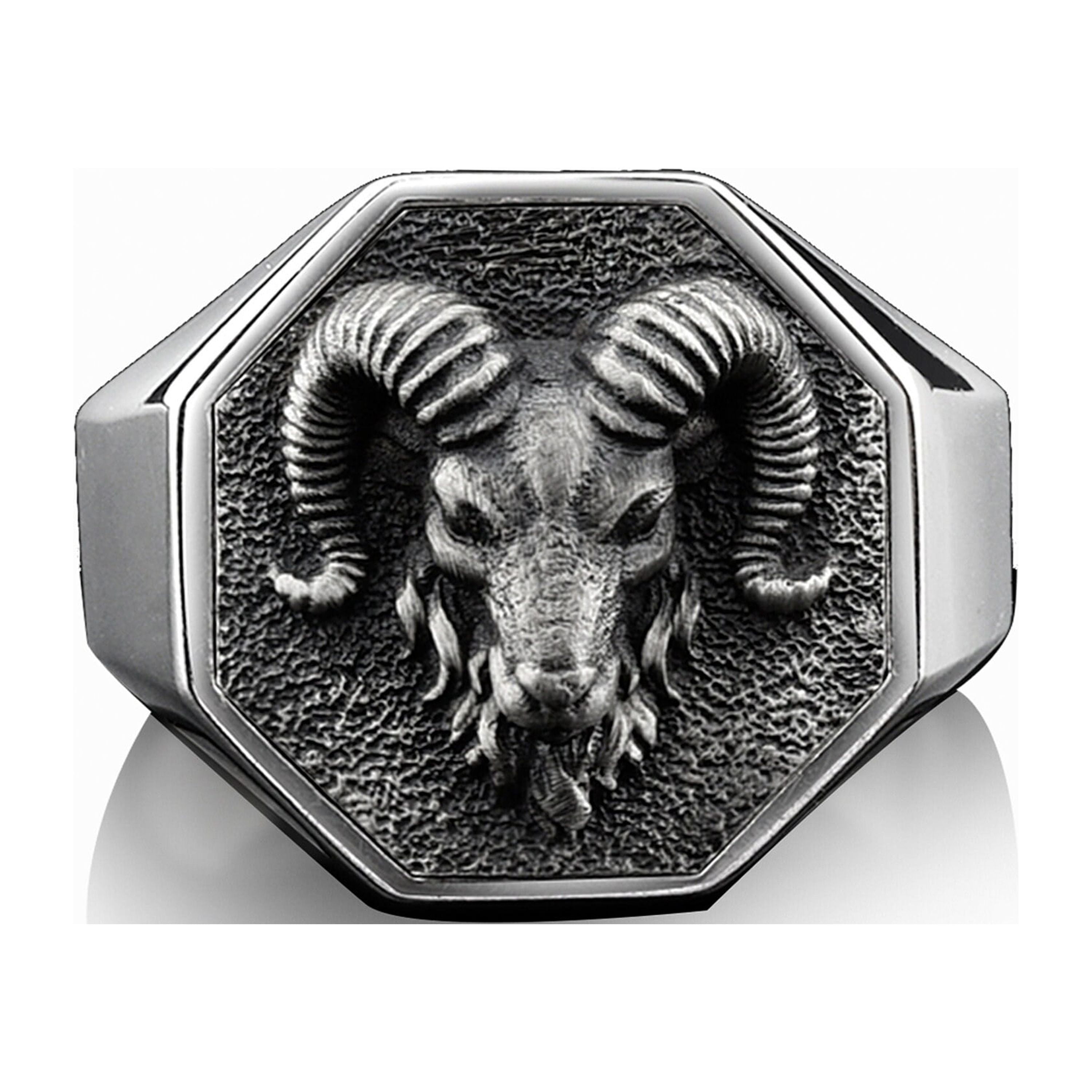 Zodiac Aries Ram Signet Ring for Men, Ram Head Silver Men Ring ...