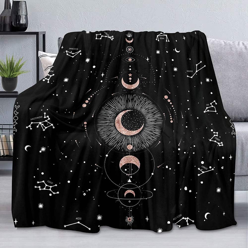Zodiac Constellation Throw Blanket, Rose Gold Glitter Moon Phase Starry ...