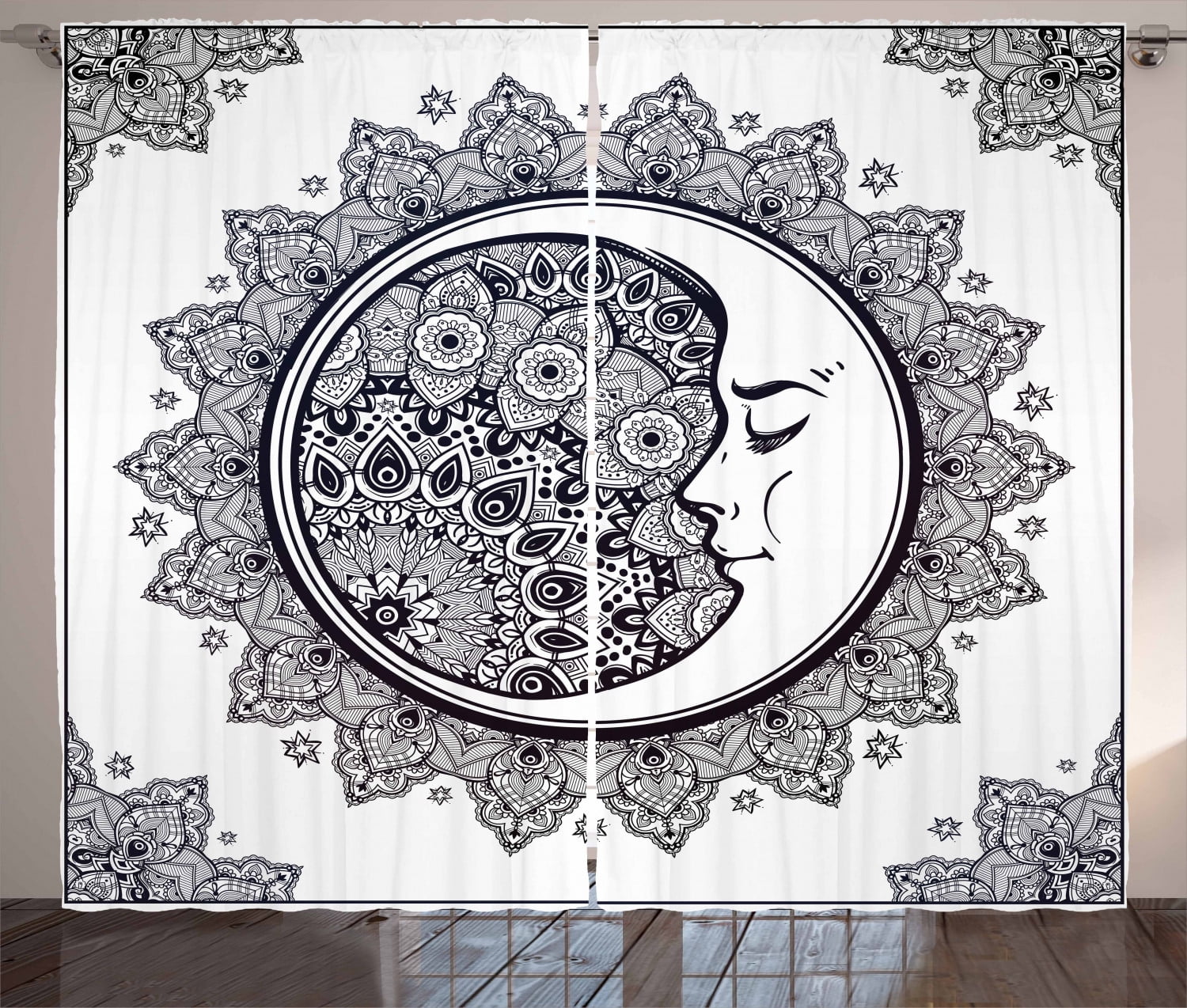 Ambesonne Zodiac Curtains 2 Panel Set, Boho Star Moon Mandala, 108" x ...
