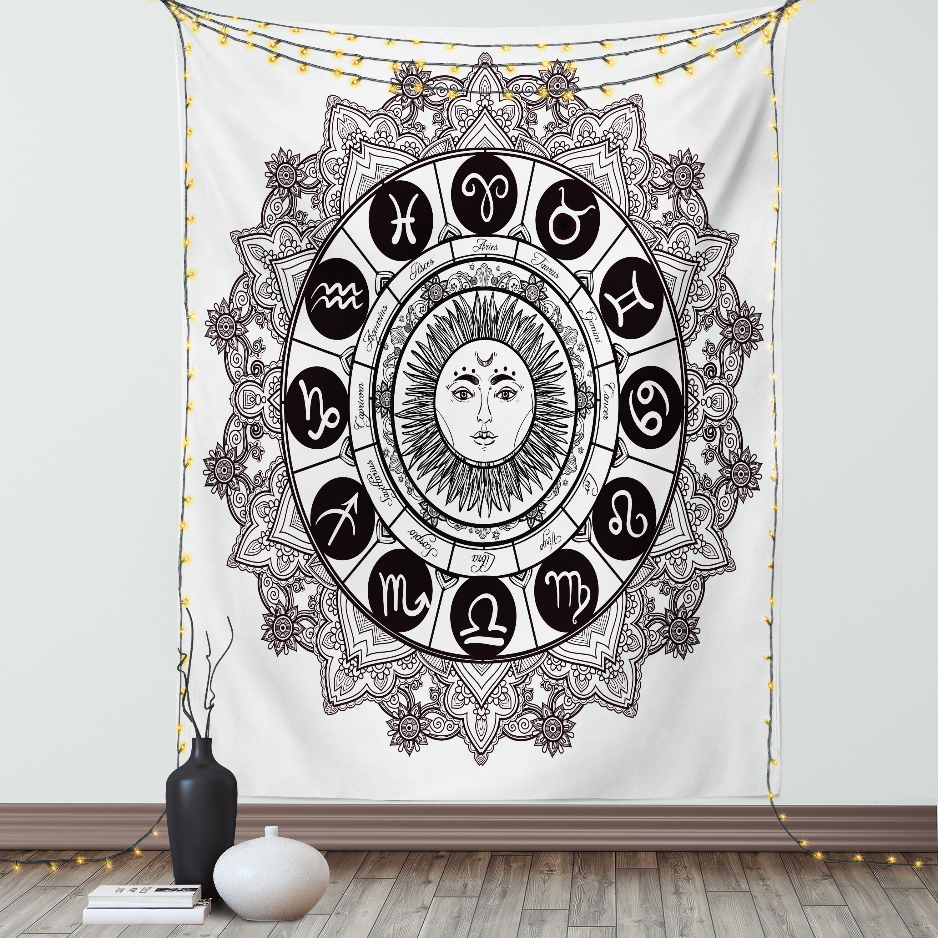 Zodiac Decor Tapestry, Astrology Houses in Mandala Pattern with Sun in ...