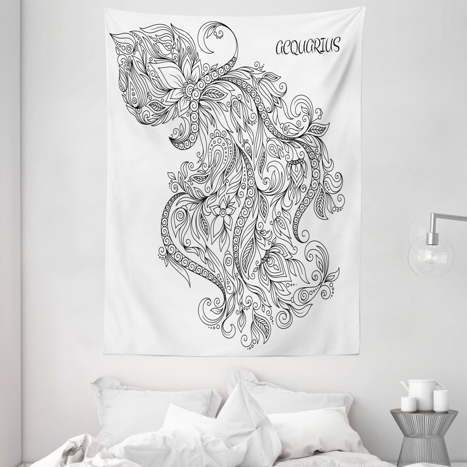 Zodiac Decor Tapestry, Swirling Curved Flowers and Bouquet with Zodiac ...