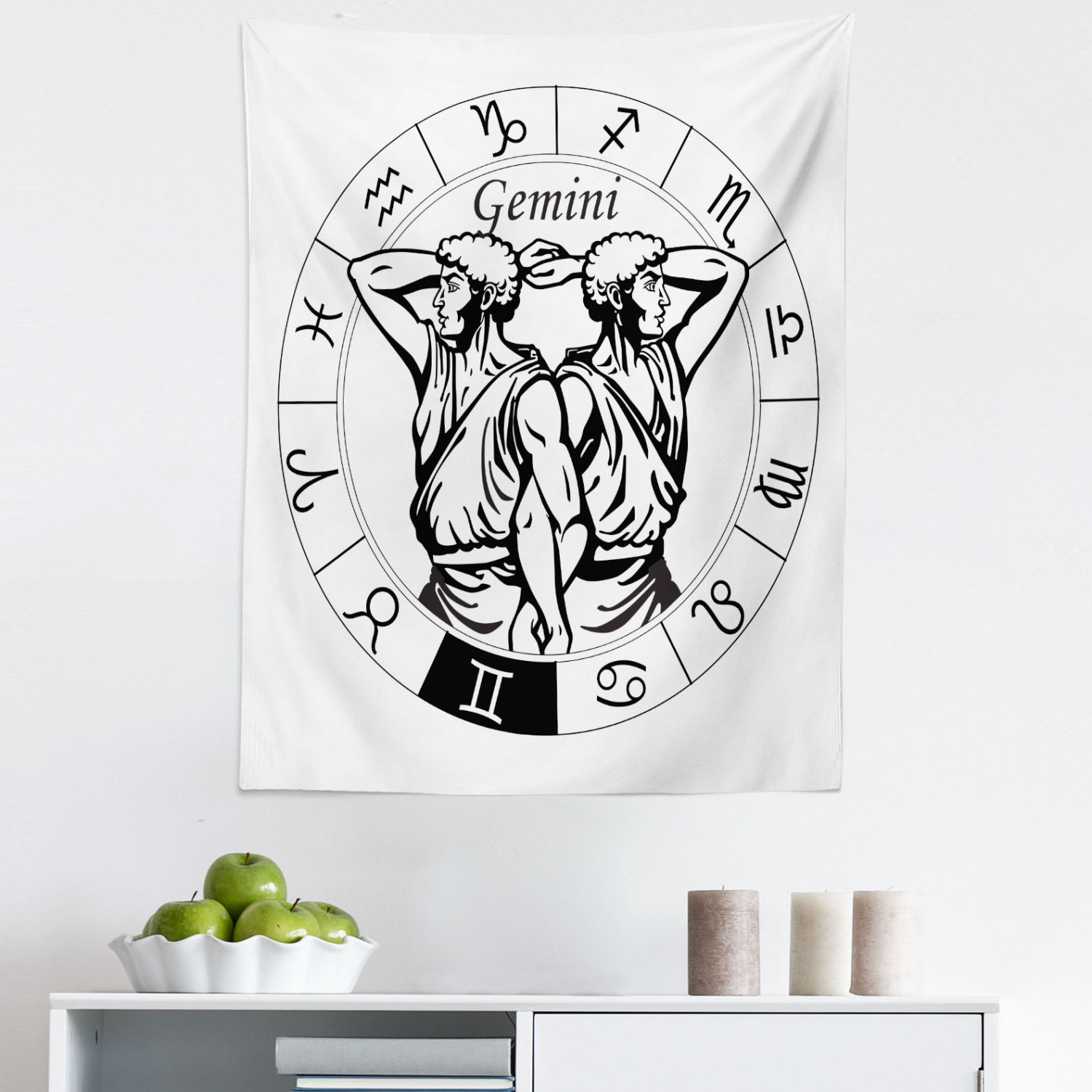 Zodiac Gemini Tapestry, Monochrome Zodiac Wheel and Male Twins in Greek ...