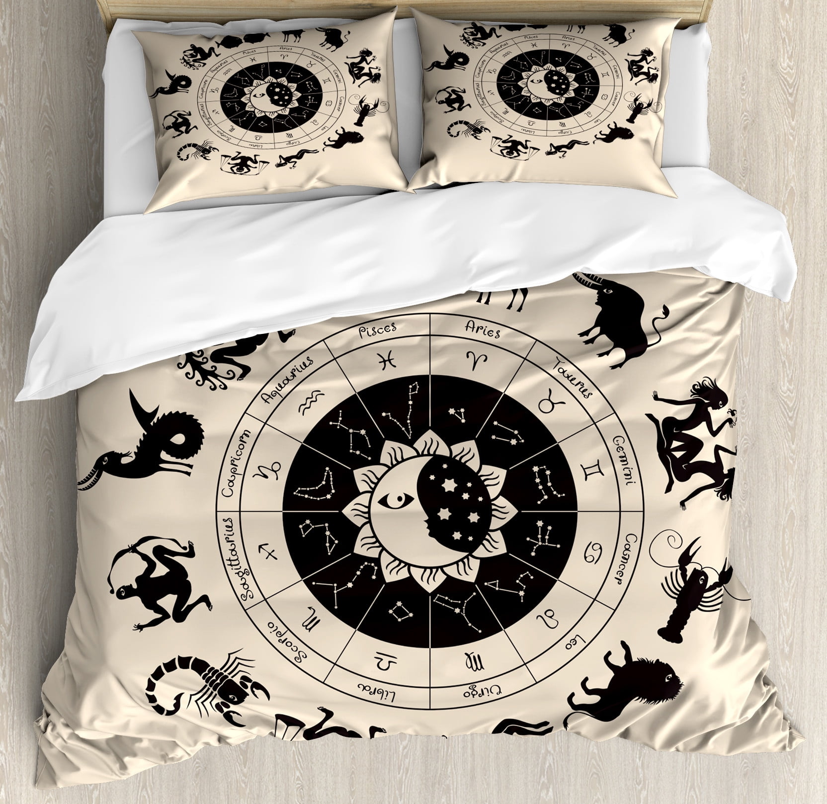 Zodiac Moon Duvet Cover Set, Circle of Horoscopes with Symbolic Animals ...