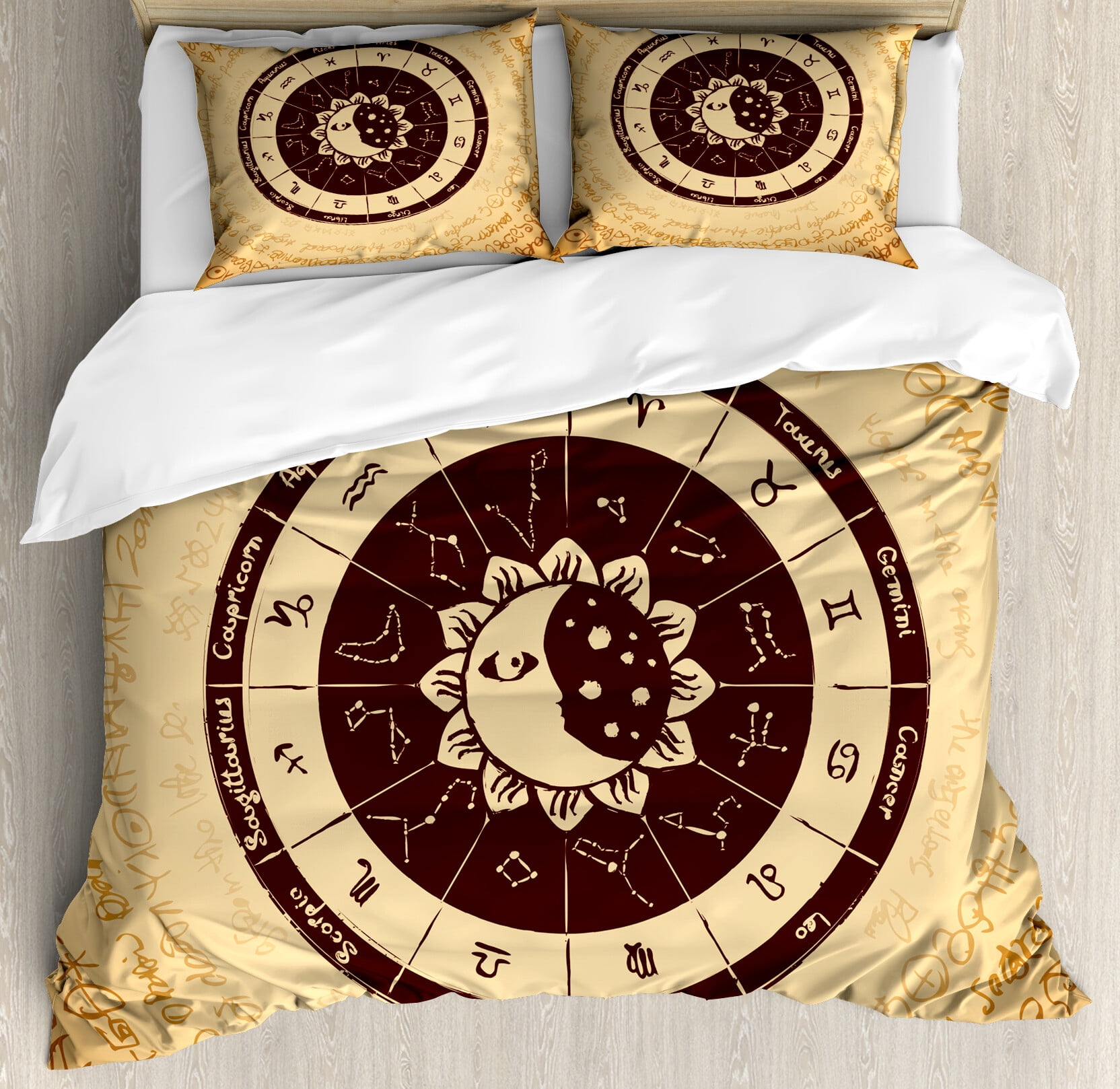 Zodiac Moon Duvet Cover Set, Horoscope Wheel on Manuscript, Decorative ...