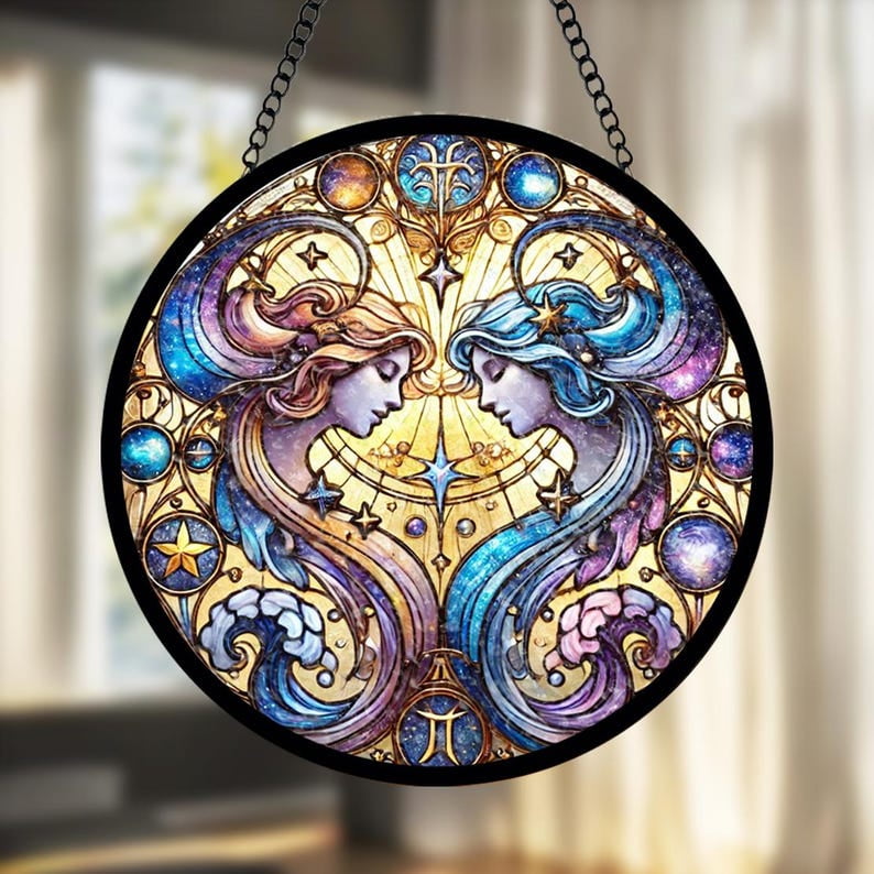 Zodiac Stained Glass Window Hanging, Celestial Hanging Suncatcher ...