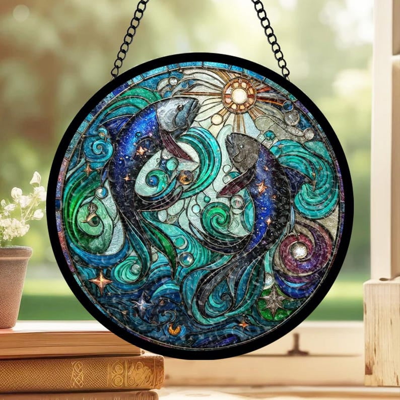 Zodiac Stained Glass Window Hanging, Celestial Hanging Suncatcher ...