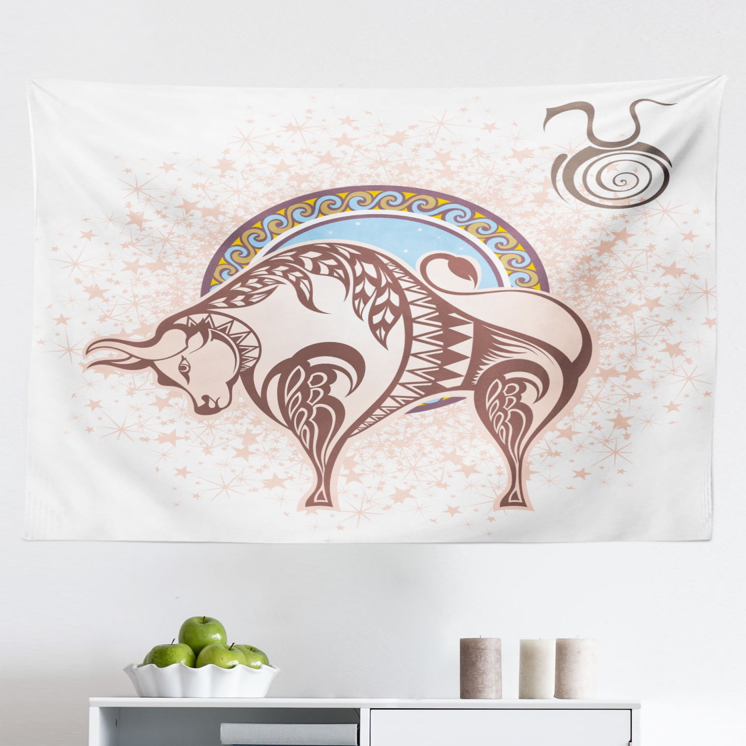 Zodiac Tapestry, Swirling Curved Flowers and Bouquet with Zodiac Sign ...