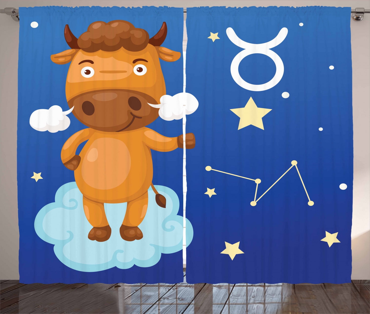 Ambesonne Zodiac Taurus Curtains 2 Panel Set, Bull on a Cloud, 108" x ...